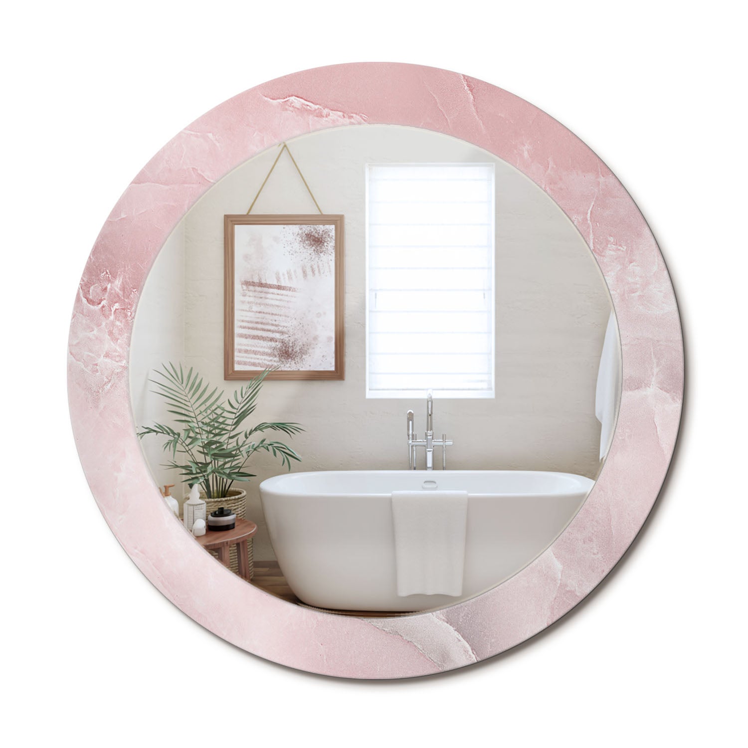 Miroir rond mural avec cadre en verre et motif décoratif Pierre rose ...