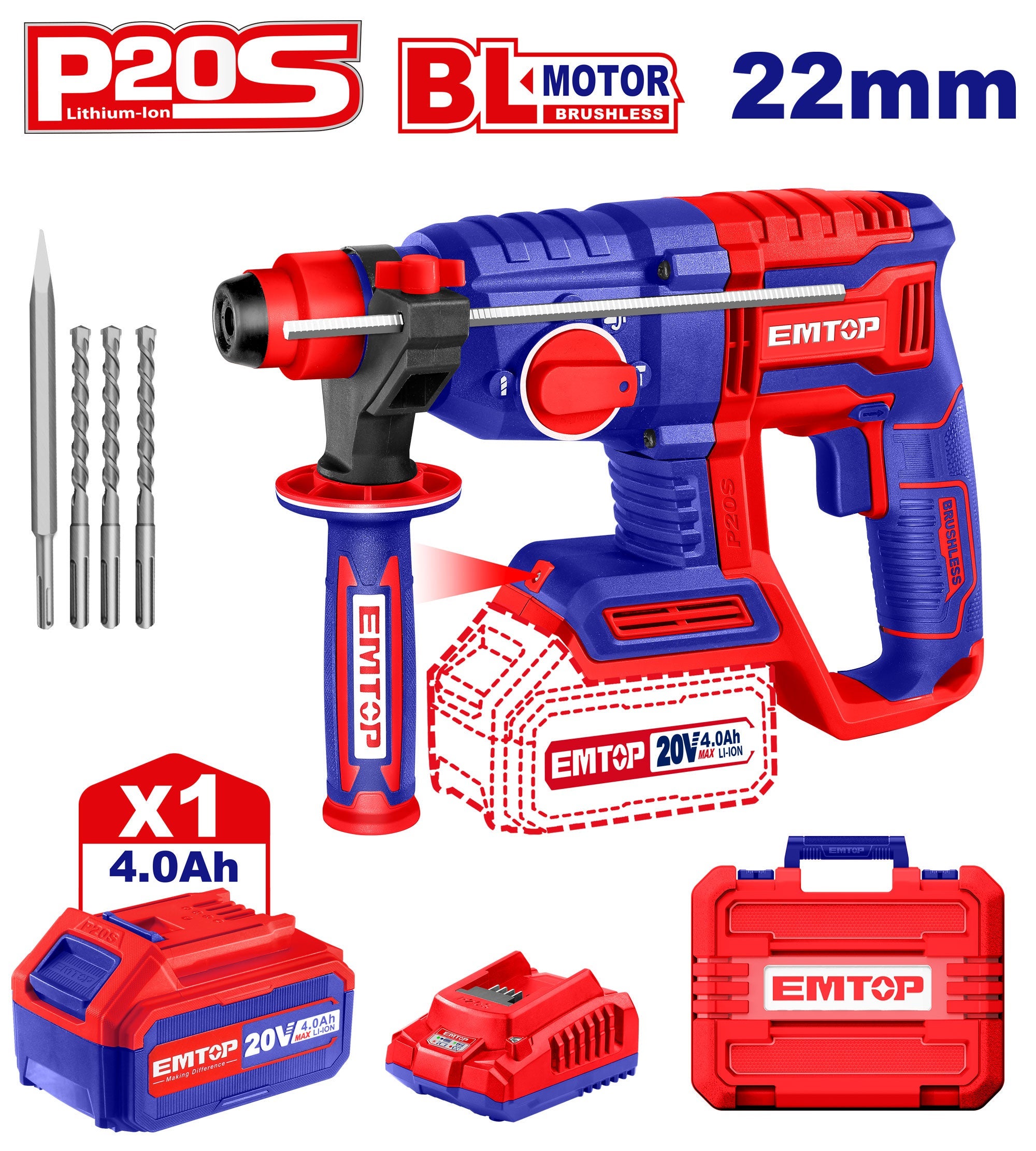 Marteau perforateur Burineur sans fil EMTOP 20V brushless avec 1 chargeur + 1 batterie lithium ...