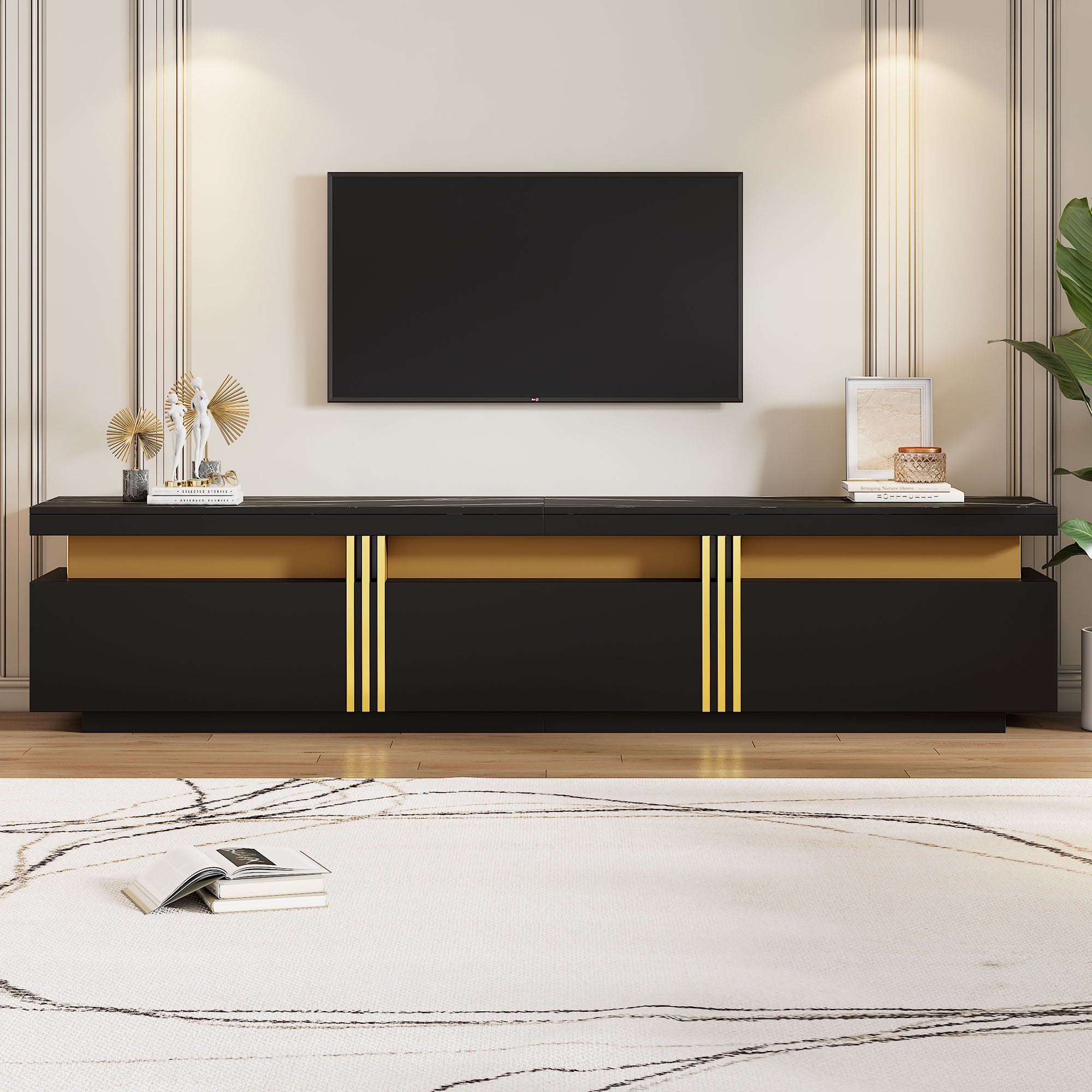 Mueble TV moderno 200 cm - con 3 cajones - efecto mármol - Negro ...