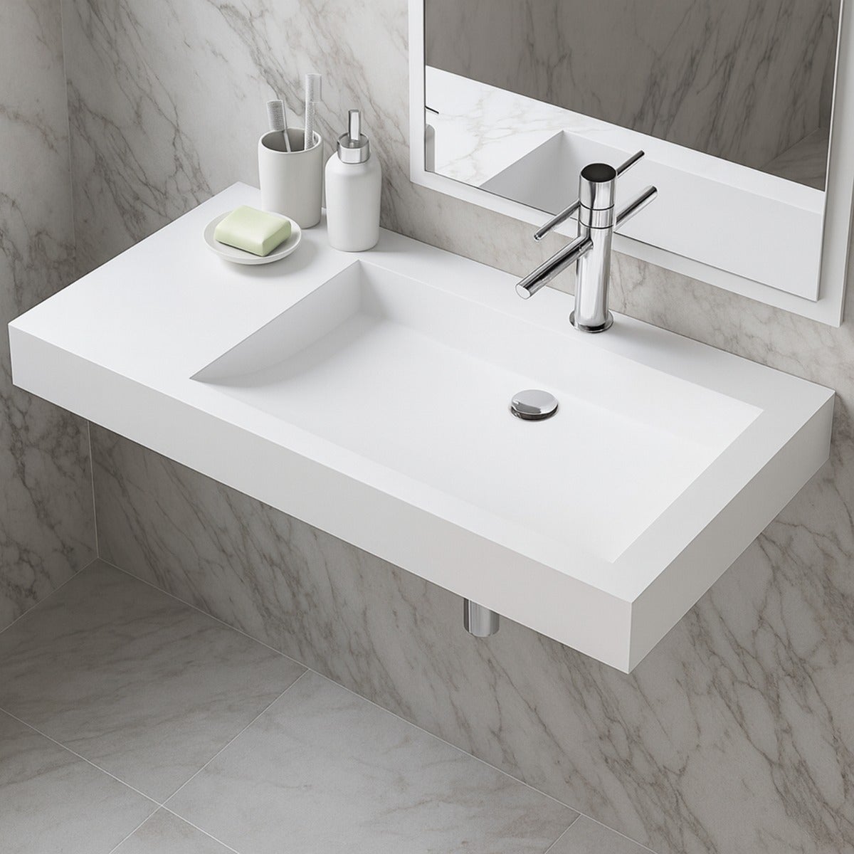Vasque salle de bain 80 cm suspendue blanche avec percement en Solid ...