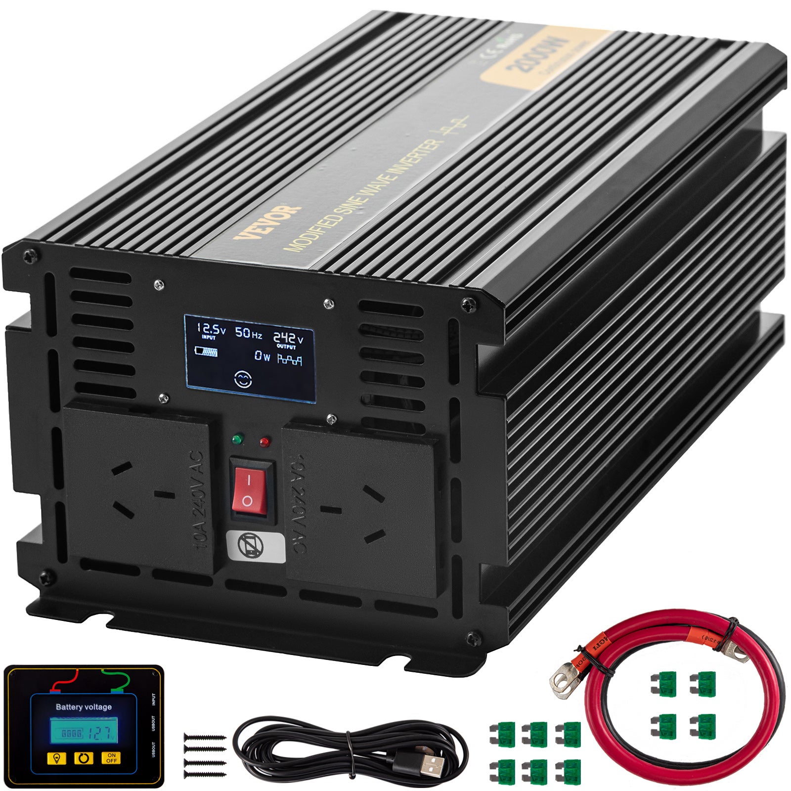 VEVOR Inverter a onda modificata 2000W 12V-240V con LCD, telecomando e ...