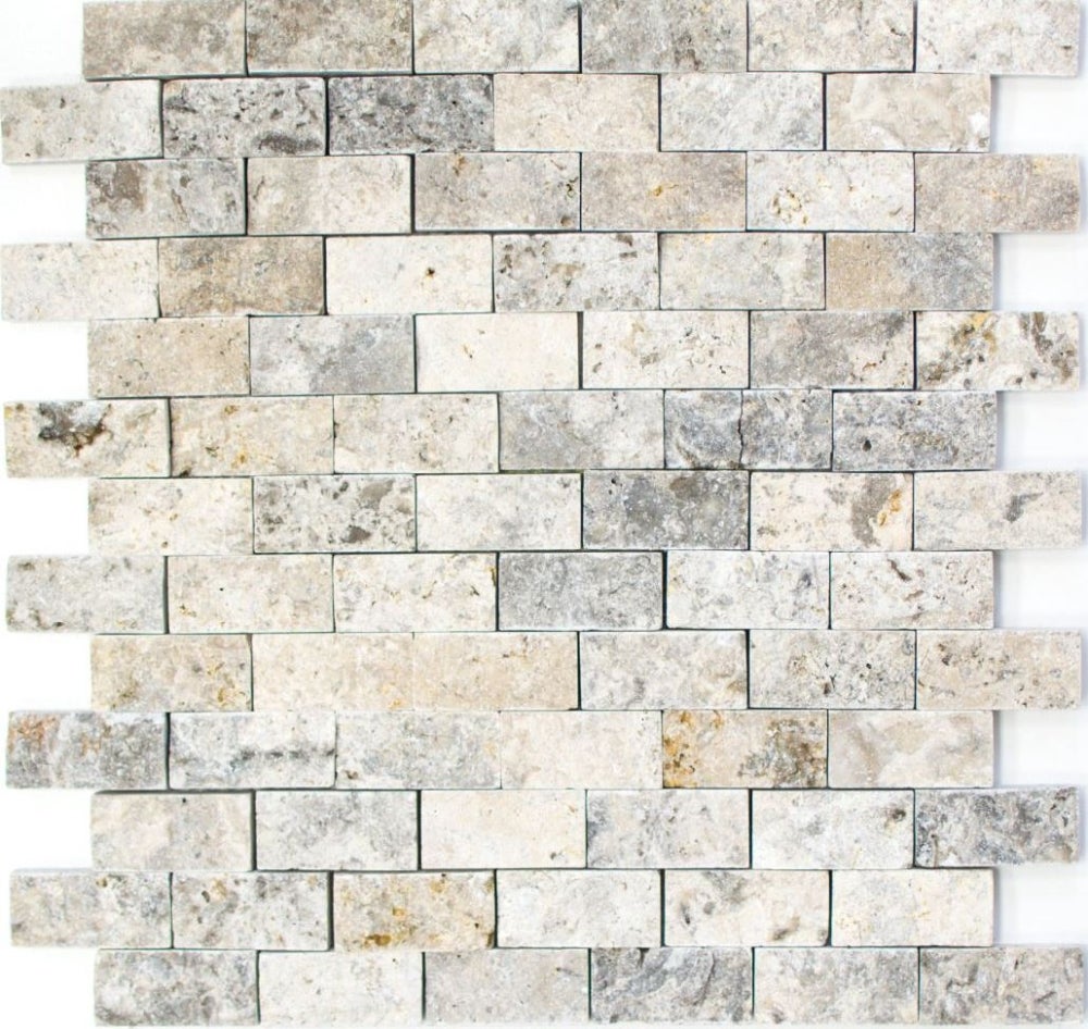 Brick Splitface Silver Travertine 3D Matt White Grey Mosaic | Leroy Merlin