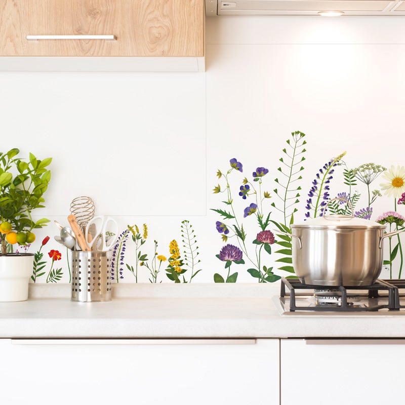 Fond de hotte en aluminium - motif floral vert, violet, jaune et rouge ...