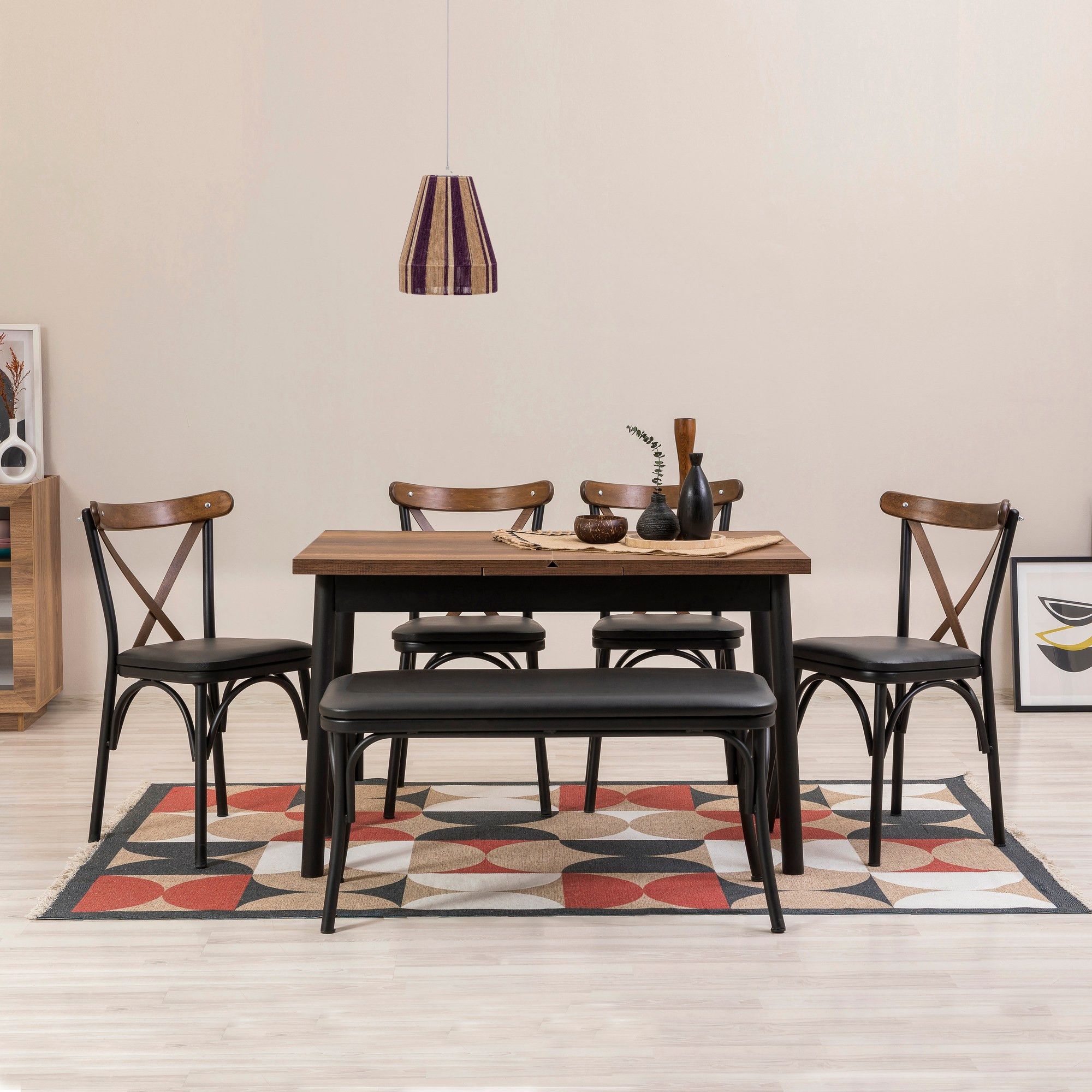 Ensemble salle à manger 6 pièces à table extensible Iridus Noir et Bois ...