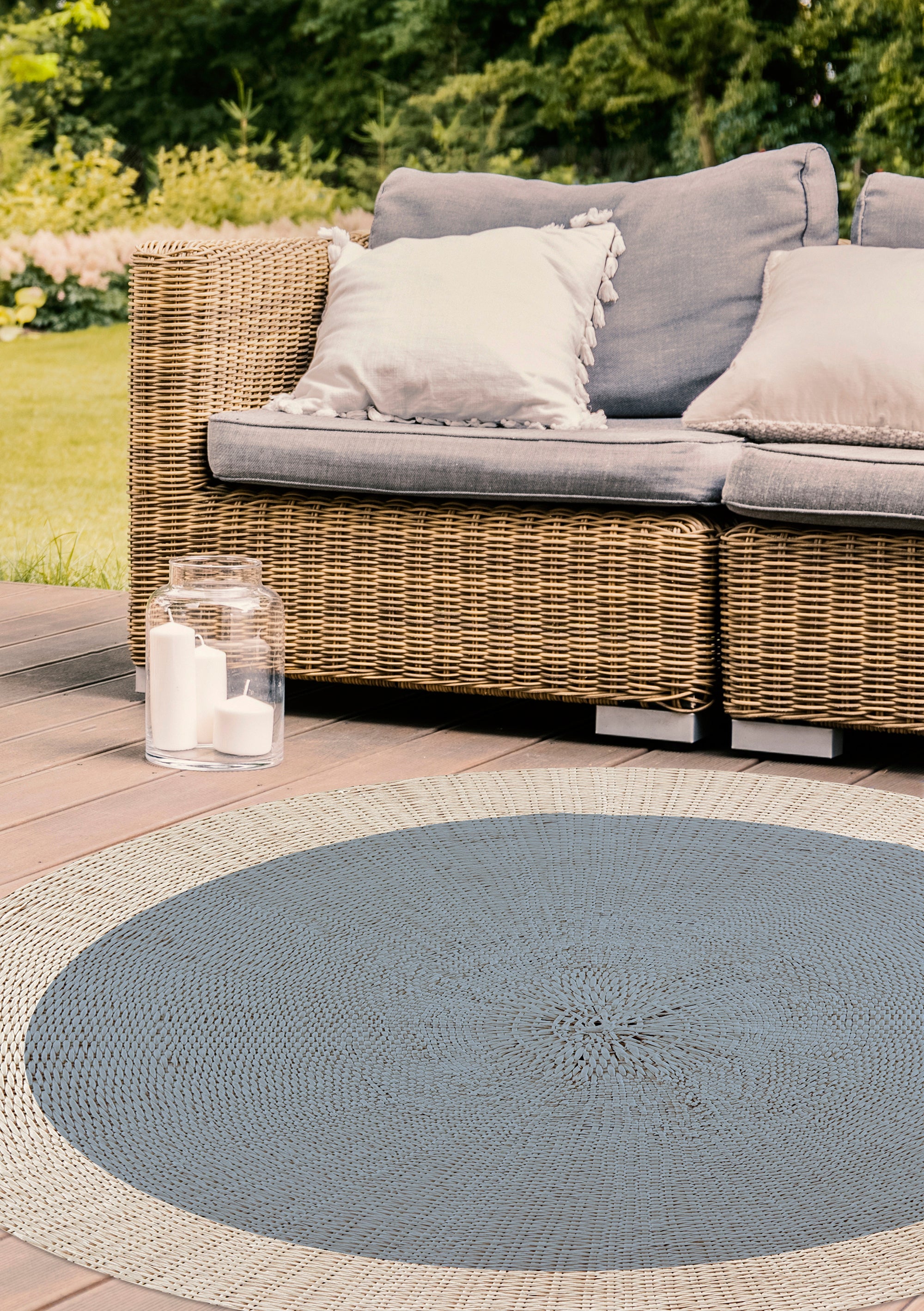 Tapis PVC intérieur/extérieur rotin bleu [Diam] 150 cm - PVC imprimé ...