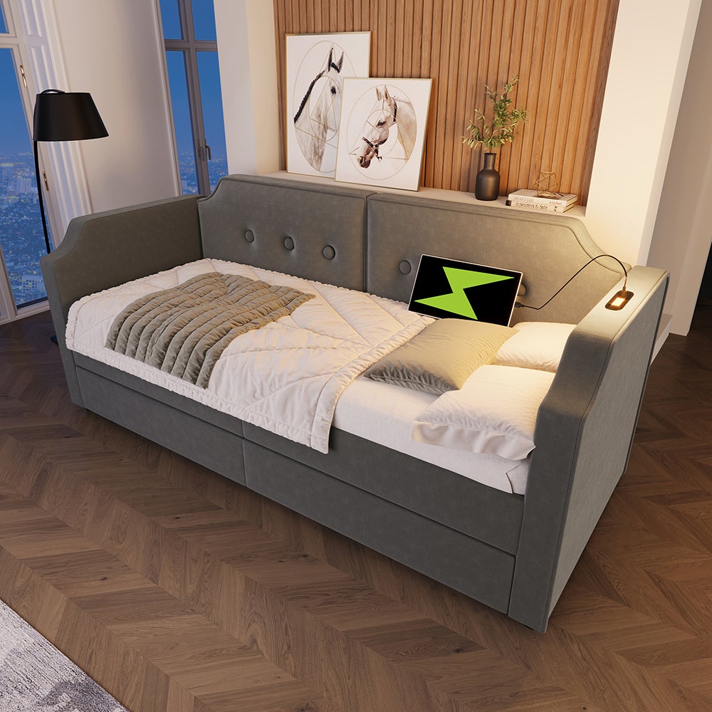 Lit avec tiroirs 90x200 cm avec rangements Lit banquette avec liseuse ...