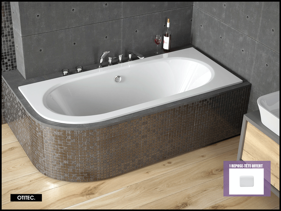 Baignoire Asymétrique sans Tablier - 160 x 75 cm - AVITA SANS TABLIER - DROITE - 1 REPOSE-TÊTE ...