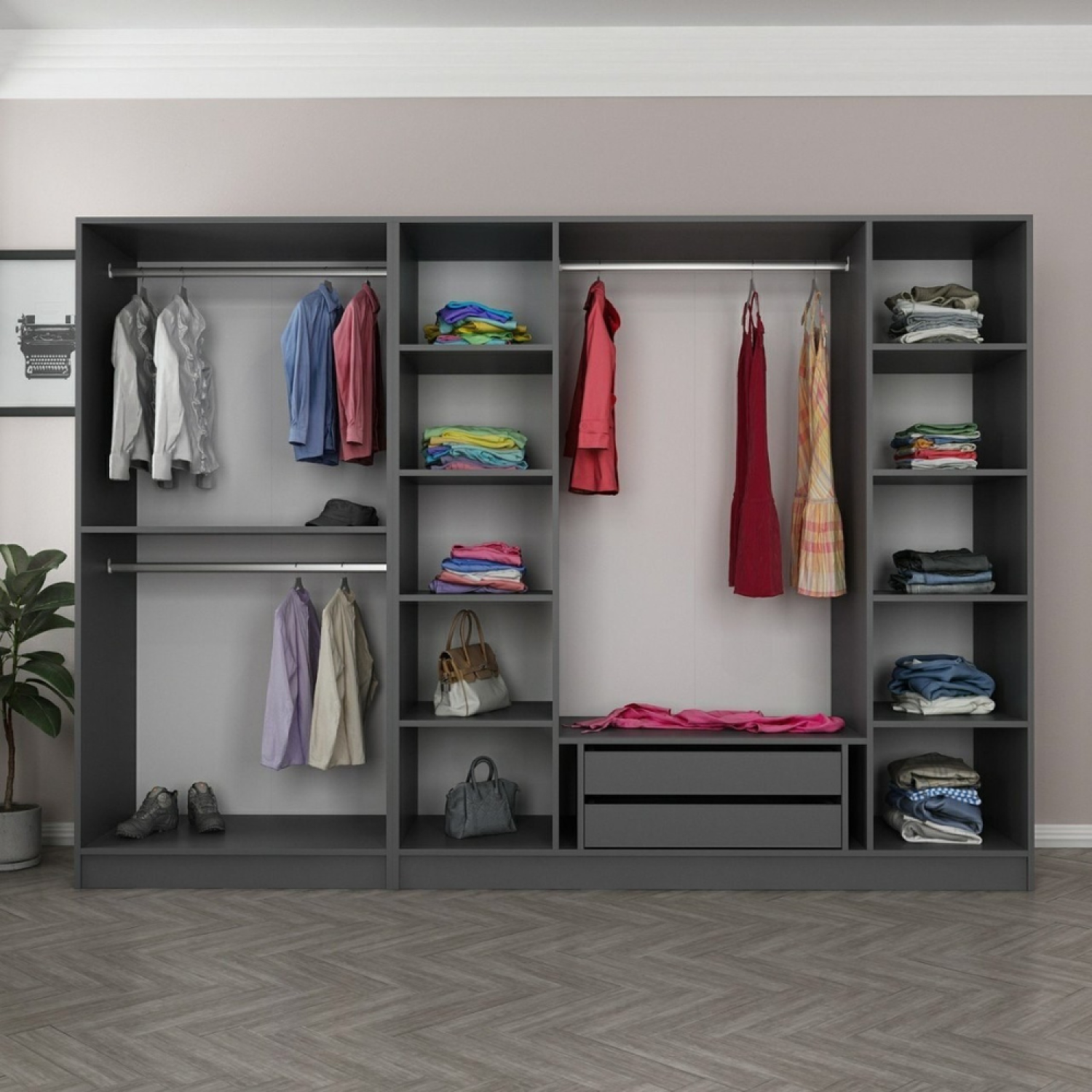 Dressing avec étagères et penderie - 15 espaces de stockage - 270 x 210 ...