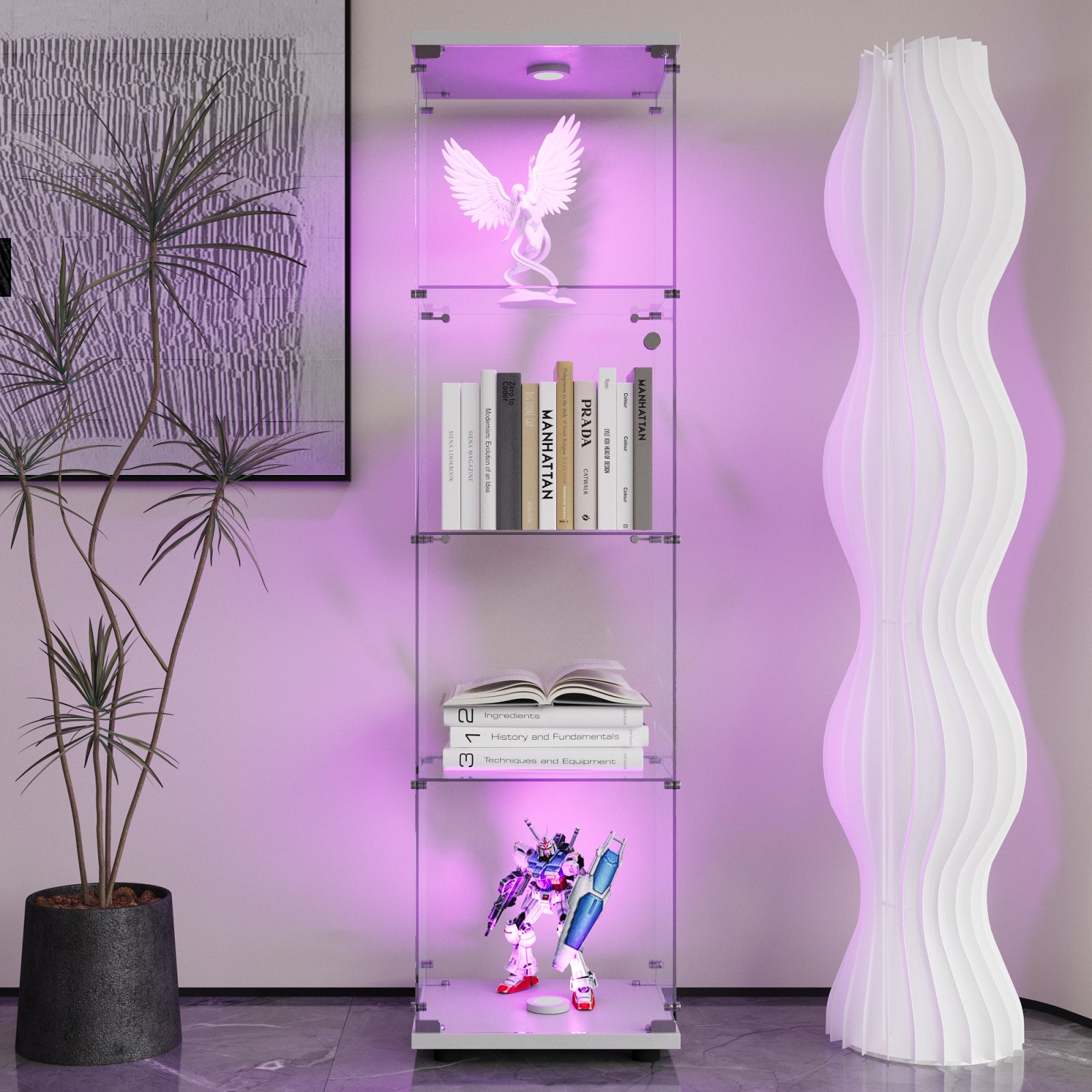 Vitrine en verre éclairée LED 164x42x35 cm –Vitrines avec 4 étagères en ...