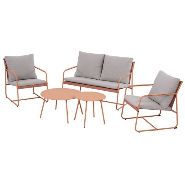 Salon de jardin PANTONE 4 places en acier pêche et coussins gris clair ...