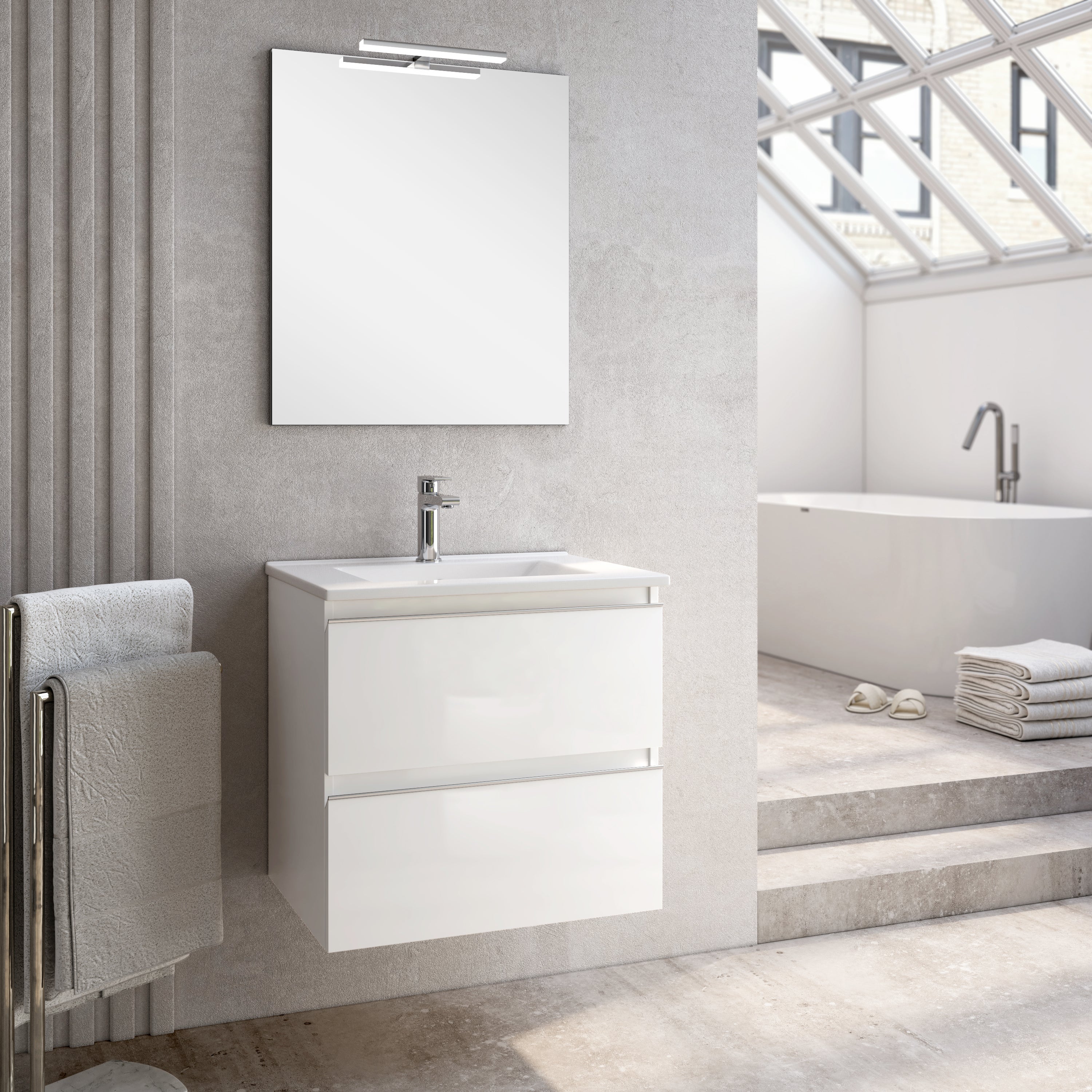 EGORE Meuble de salle de bain avec lavabo ROMA 2 Tiroirs Blanc laqué ...