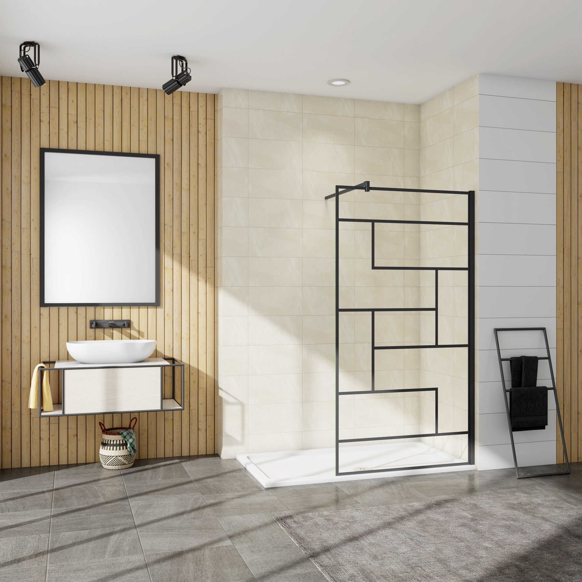 AICA Walkin Mampara Panel de ducha serigrafiada de línea negra Vidrio ...