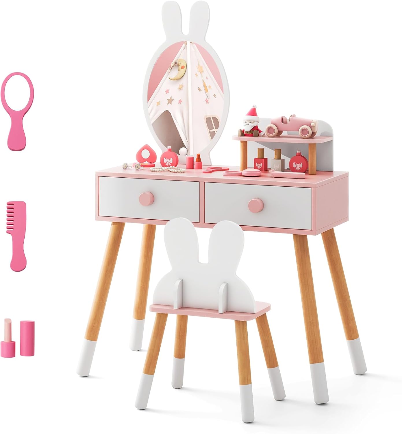 Coiffeuse Enfant 2 en 1 avec Miroir en Forme Lapin,Table de Maquillage ...