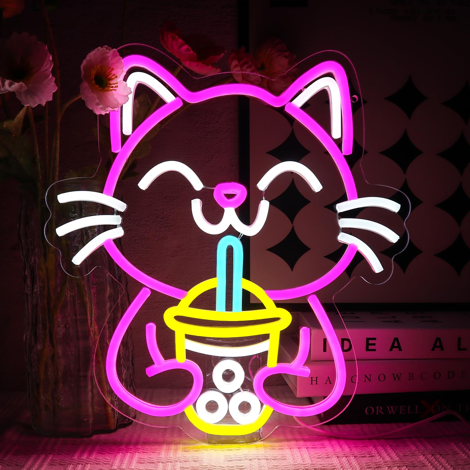 Letrero de Gato Boba Neon,Luz de Neón para Decoración de Pared,Letrero ...