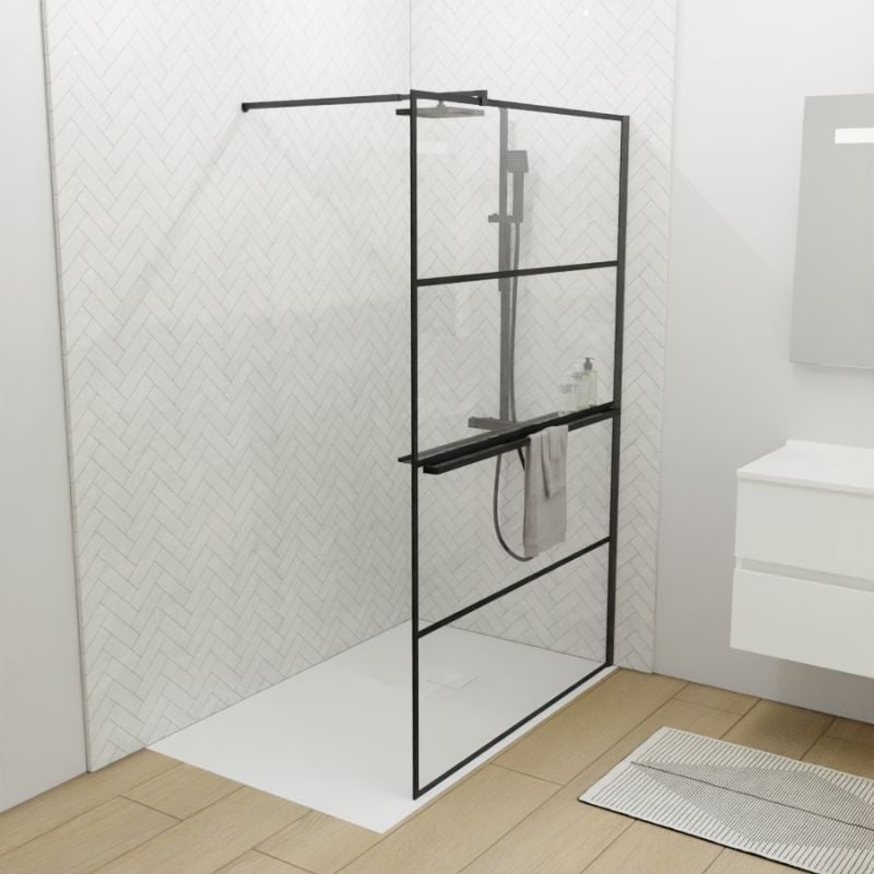 Paroi de douche noir mat avec porte-serviette et tablette DARKY 120 cm ...
