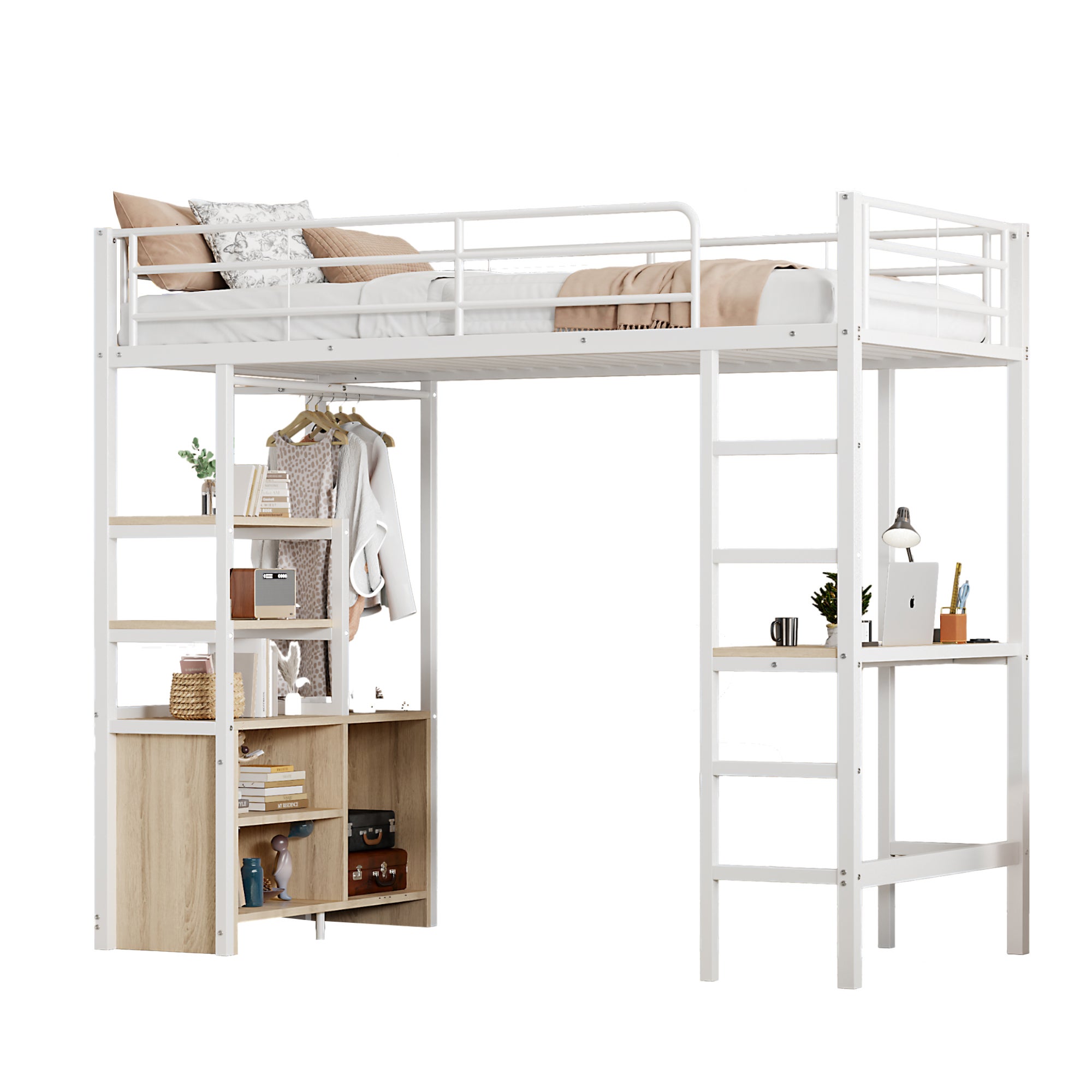 Letto alto 90x200 cm con scrivania, armadietti, prese e USB, metallo ...