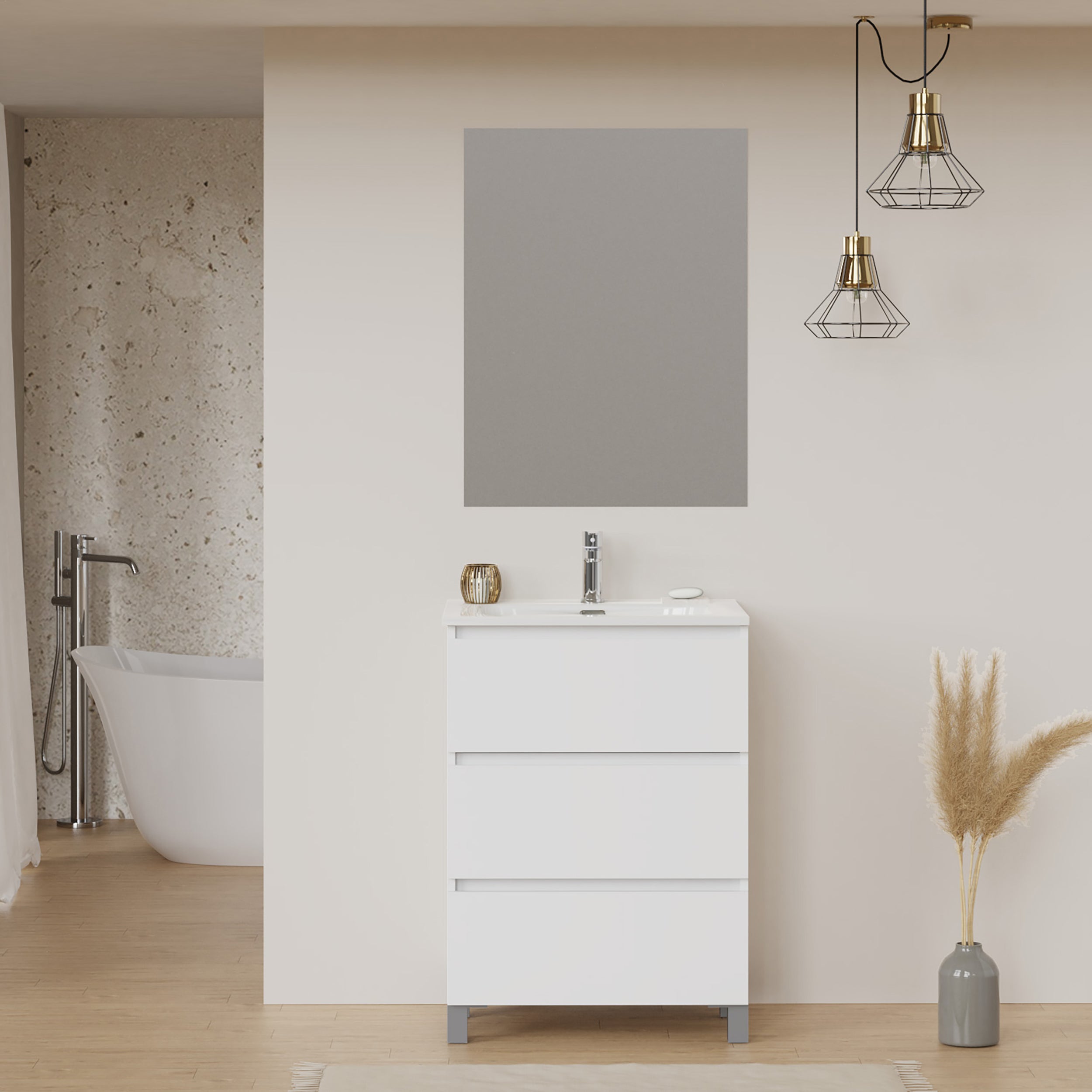 MUEBLE DE BAÑO SUSPENDIDO COTTBUS| 60 CM BLANCO| 3 CAJONES | MUEBLE MONTADO| TGD HOME| DESIGNED ...
