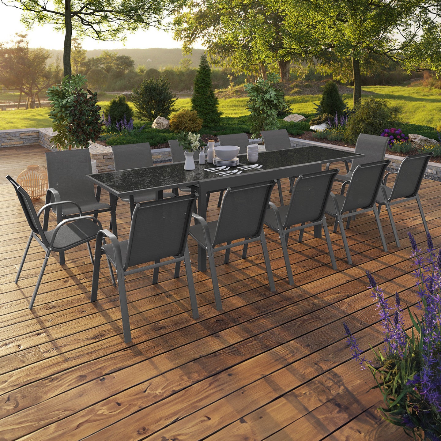 Salon de jardin MADRID table extensible plateau gris 135-270 CM et 12 ...