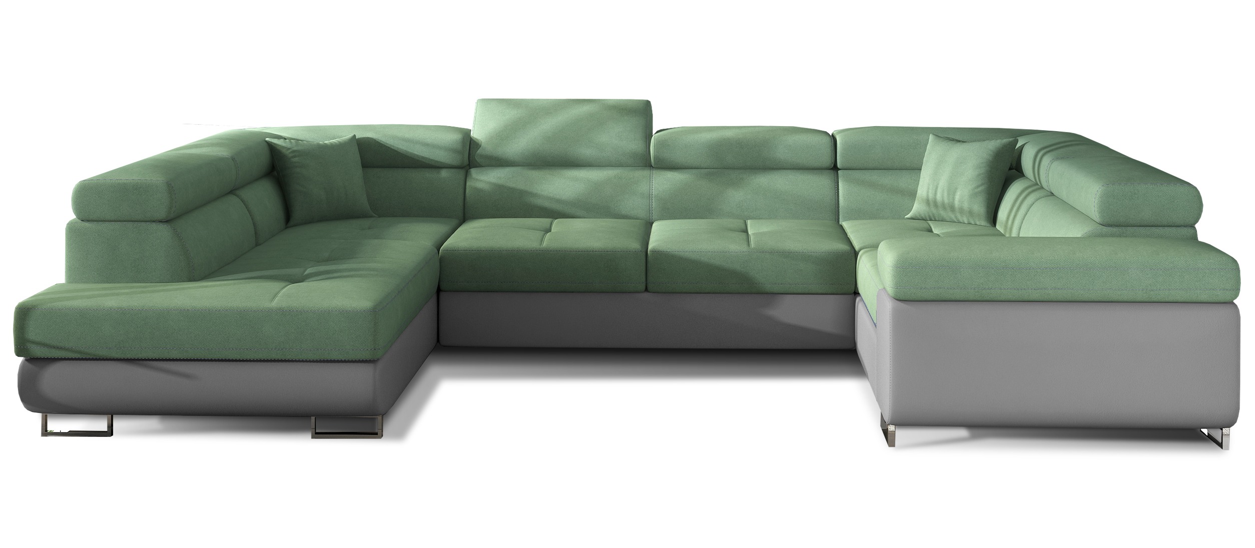 Canapé convertible U gauche tissu vert et simili gris avec coffre de ...