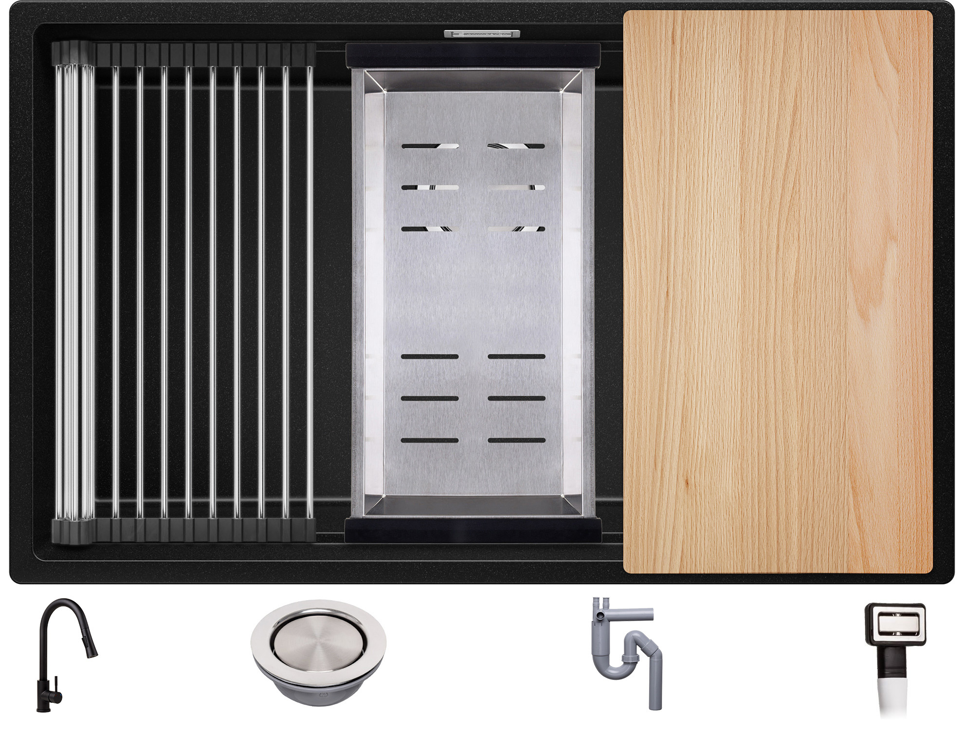 Evier Multifonction Noir en Granit, 76 x 47 cm, Evier 1 bac + Equipee ...