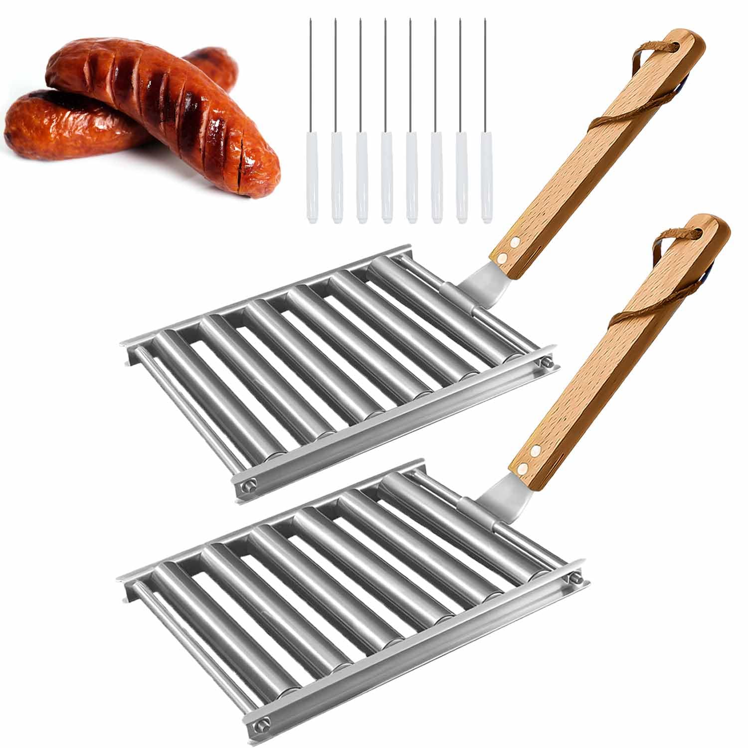 2 rouleaux à hot-dogs avec manche en bois, 8 brochettes, acier ...