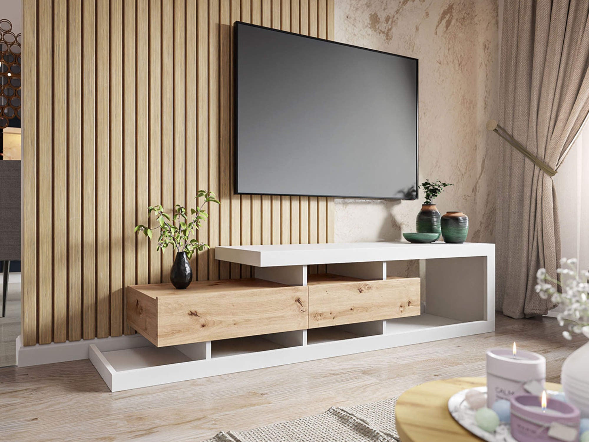 Meuble TV style scandinave 198*40*45 cm bois / blanc - OLGA - Best ...