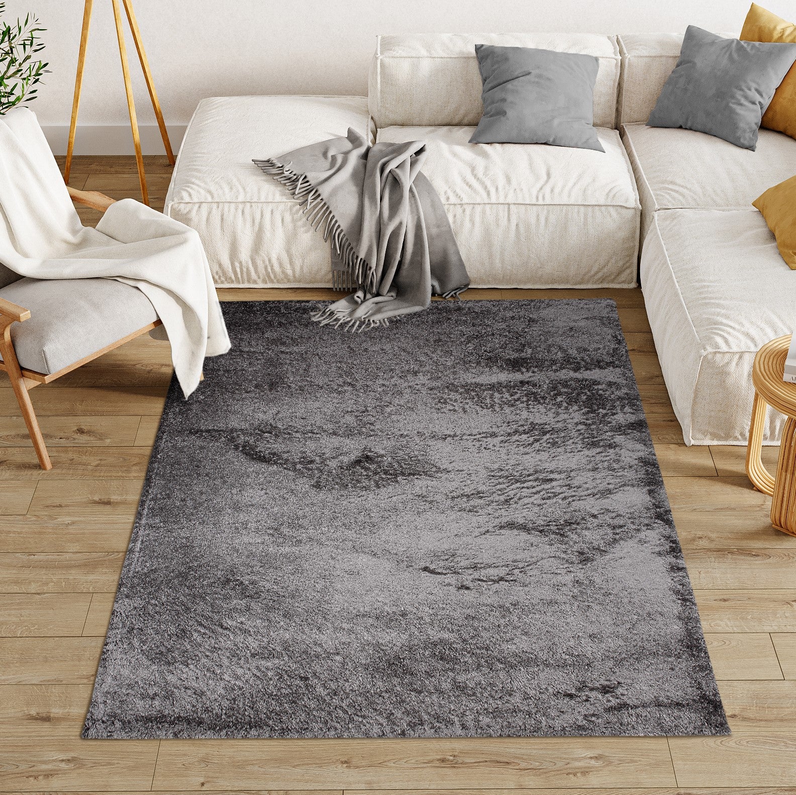 TAPISO Evra Tapis Salon Chambre Gris Moyen Unicolore Shaggy Poils Longs ...