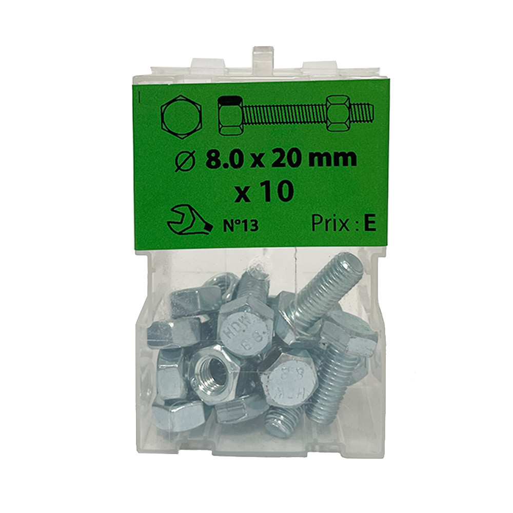Boite 10 vis 8 x 20mm tête hexagonale + écrou classe 8.8 zingué ...