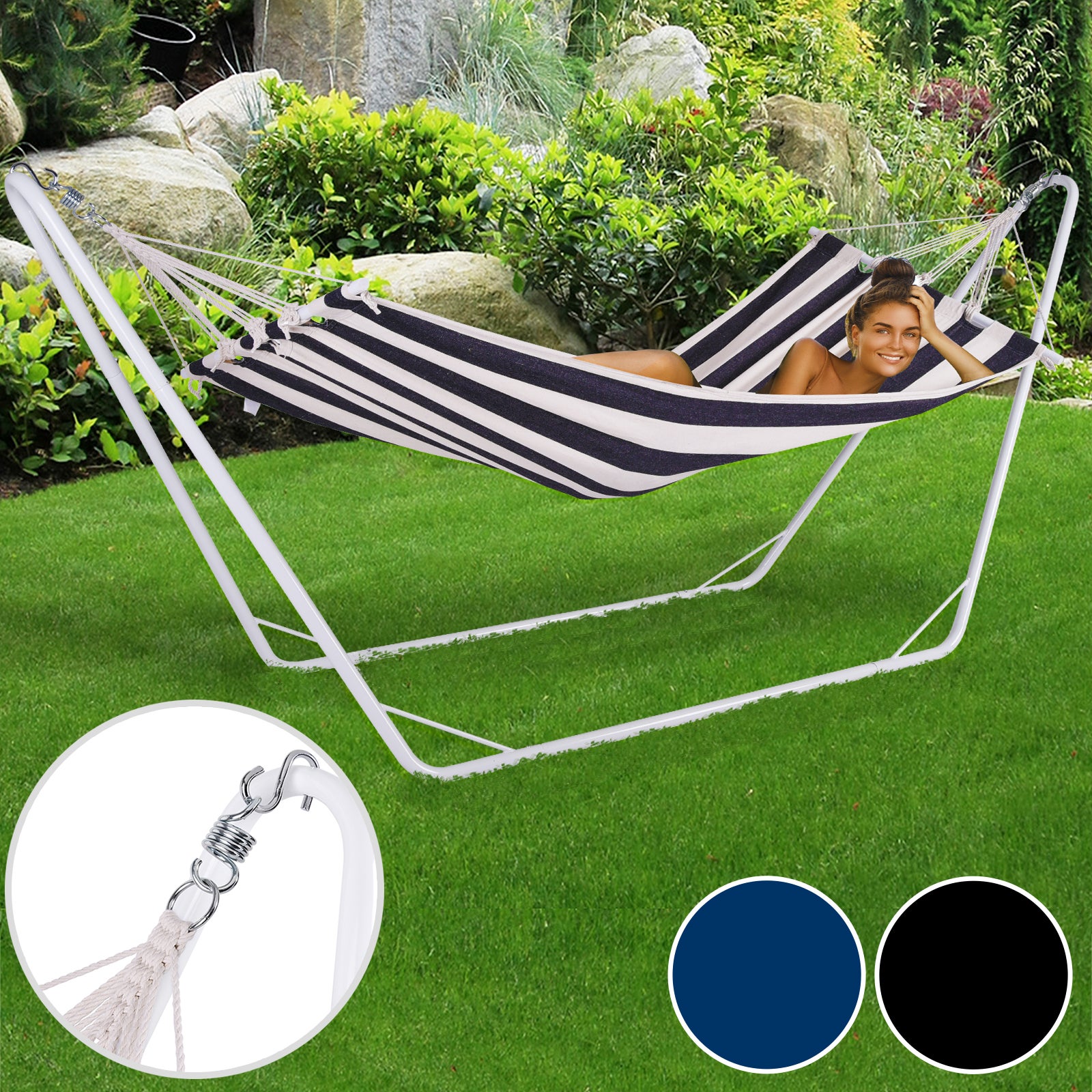 DETEX® Hamac en tissu avec support 274x82cm Bleu hamac suspendu sur ...