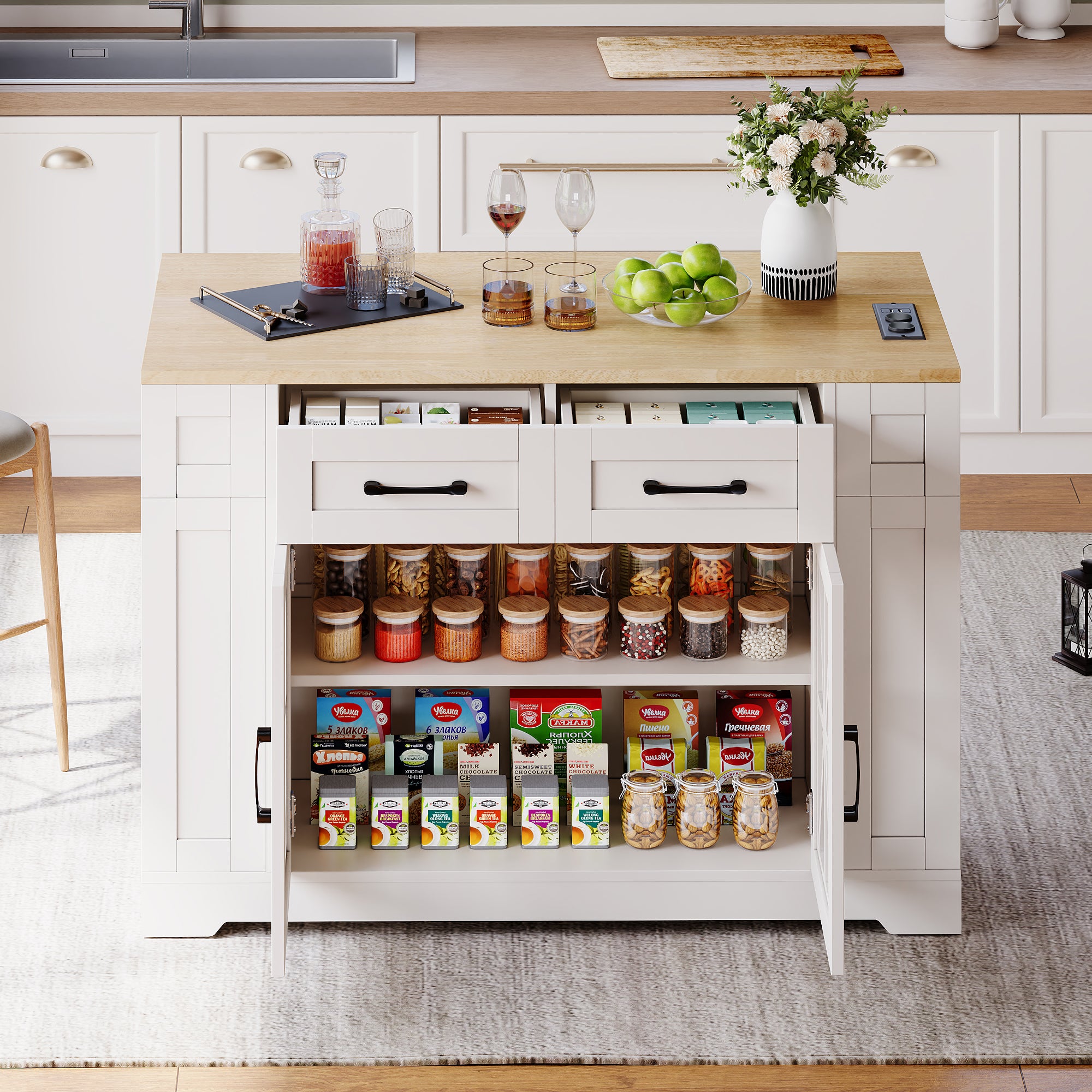 Isla de cocina móvil - con USB - encimera extensible - 2 cajones y 2 ...