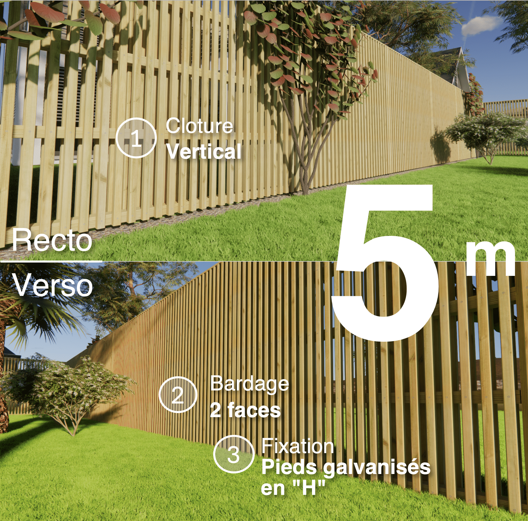 Kit clôture bois moderne 5m – H 2,3m – 45 x 45 mm autoclave – Pose ...