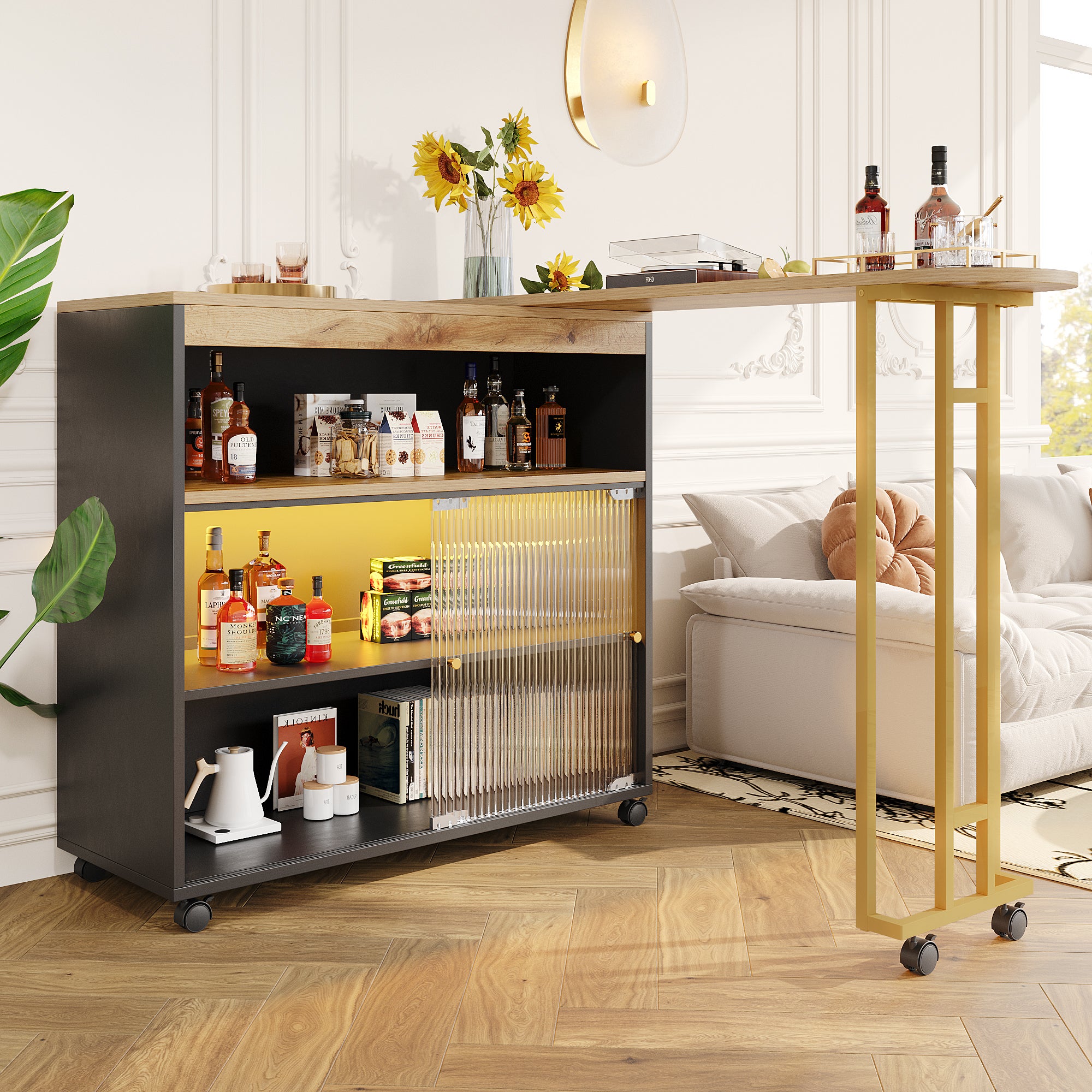 Table de bar extensible avec rangement, mobile, avec LED, table haute ...