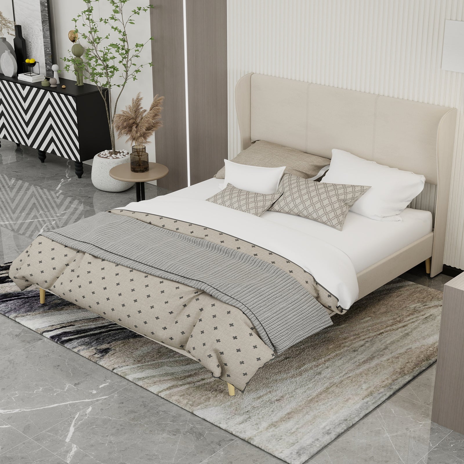 Lit capitonné moderne et minimaliste 160×200 cm (beige) : tête de lit ...