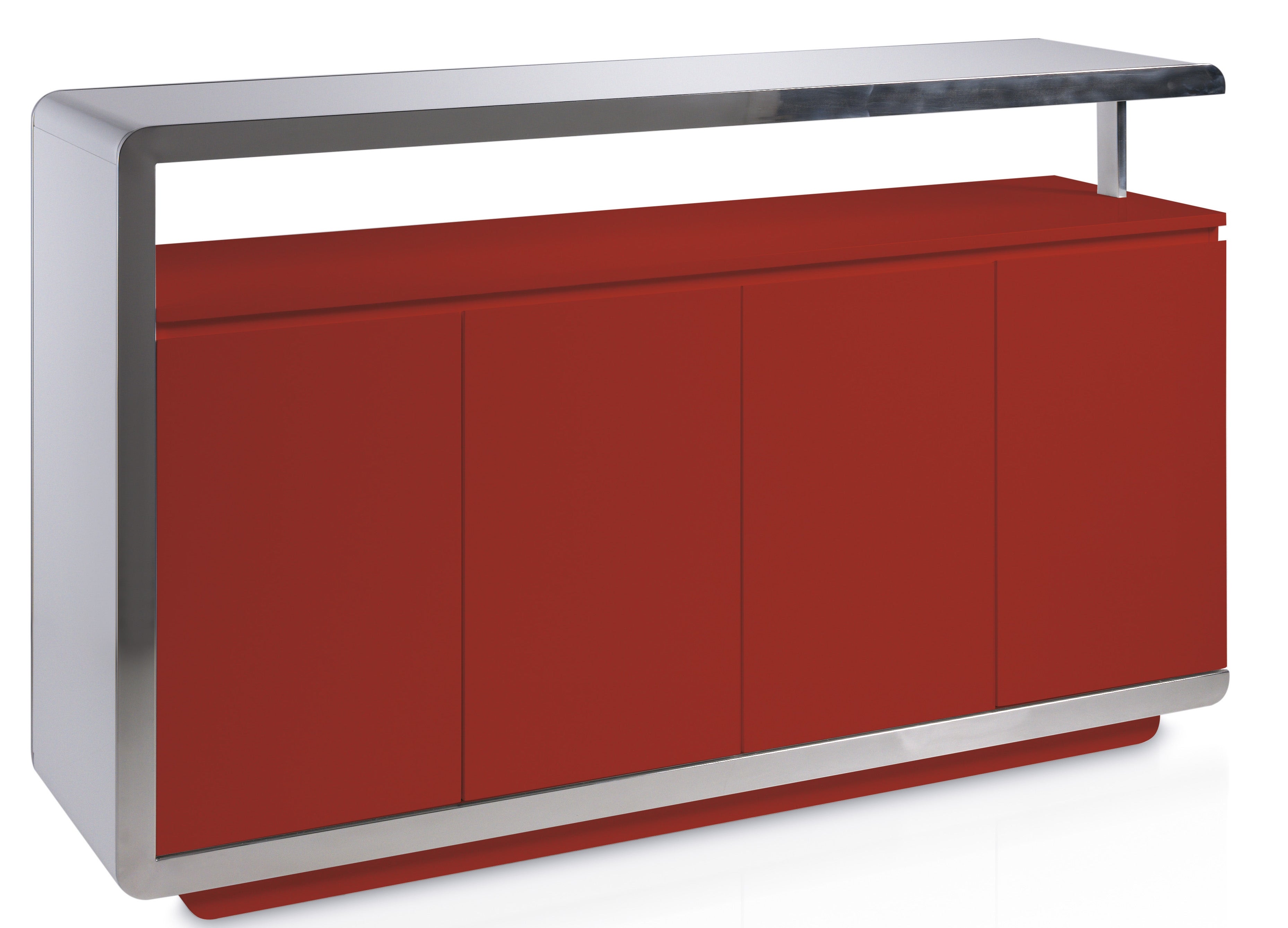 Buffet design 4 portes bois laqué rouge et acier chromé Modena | Leroy ...