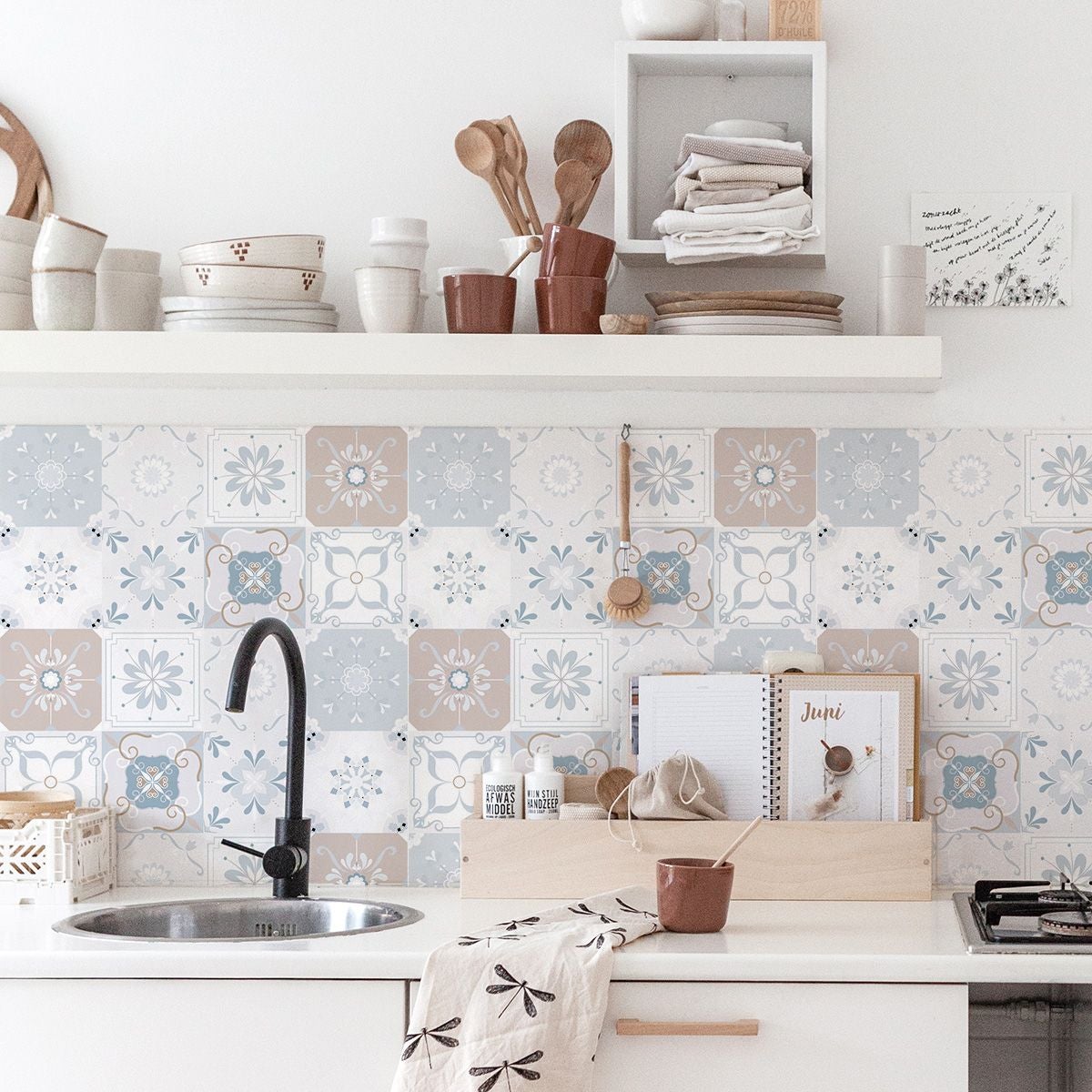 Papel vinilo autoadhesivo cocina azulejos azul y marrón lavable y ...