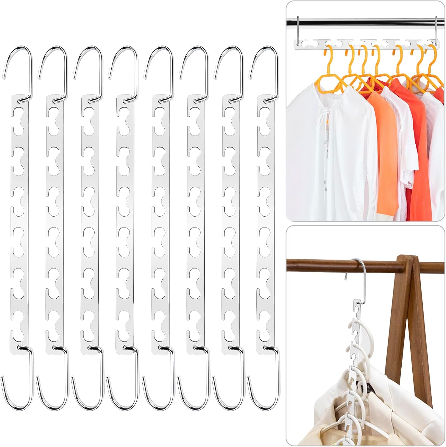 Este juego de 8 perchas que ahorran espacio es un organizador de perchas de acero inoxidable ...