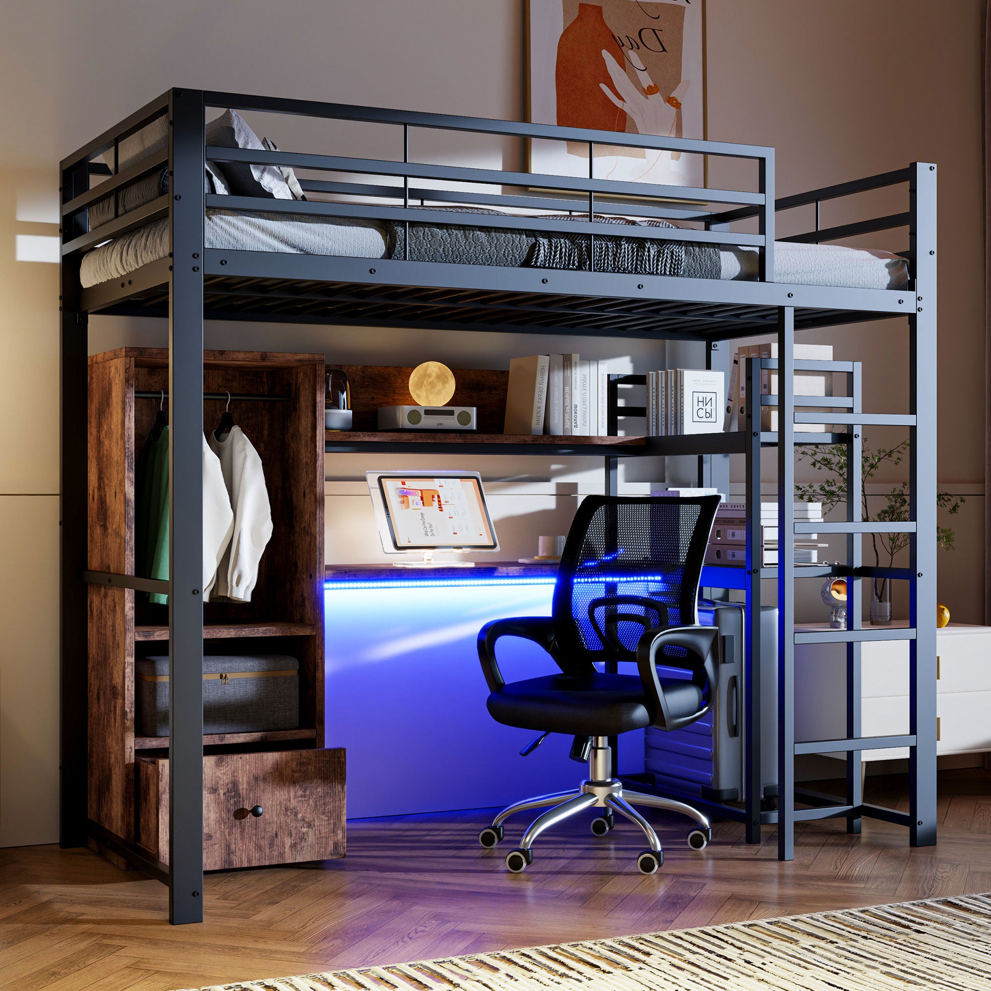 Lit mezzanine 90 x 200 cm avec bureau, 1 tiroir et étagères de ...