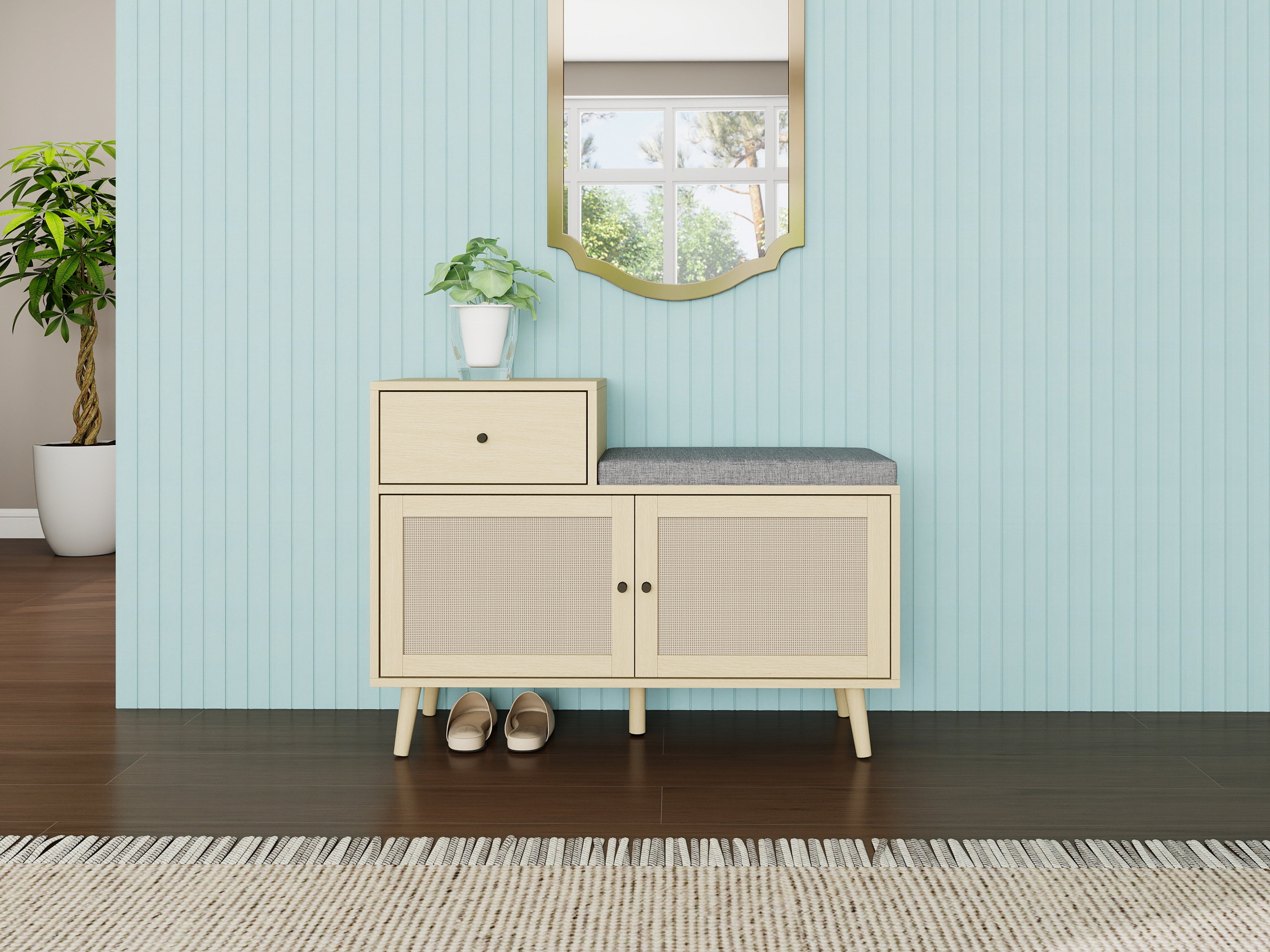 Banco zapatero de estilo bohemio con aspecto de madera natural, puertas ...