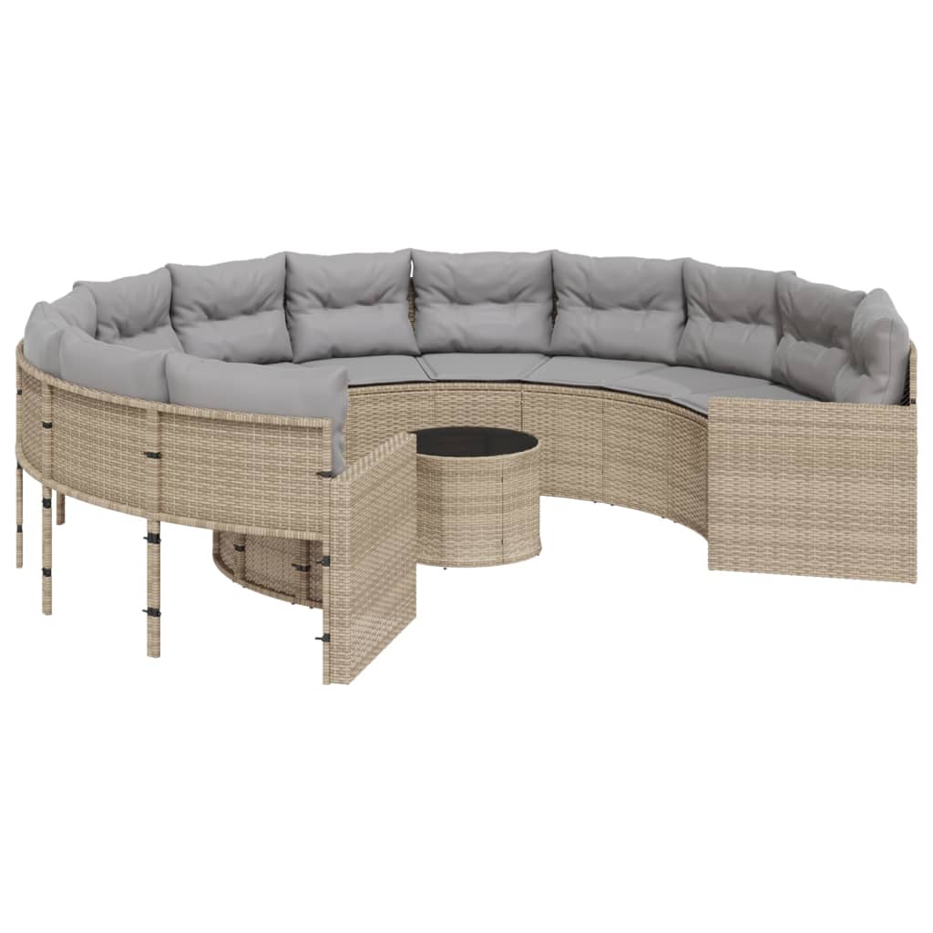 Canapé de jardin rond avec table et coussins en rotin synthétique beige ...