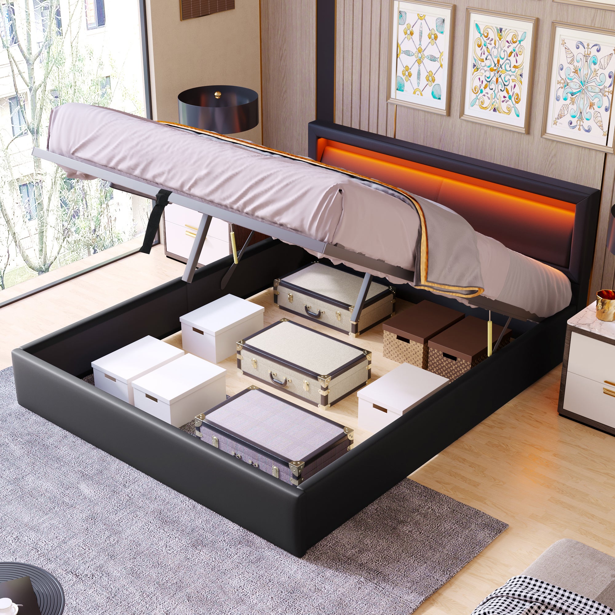 Lit Coffre Lit Adulte Double 140x190 cm - LED - Rangement - Avec ...