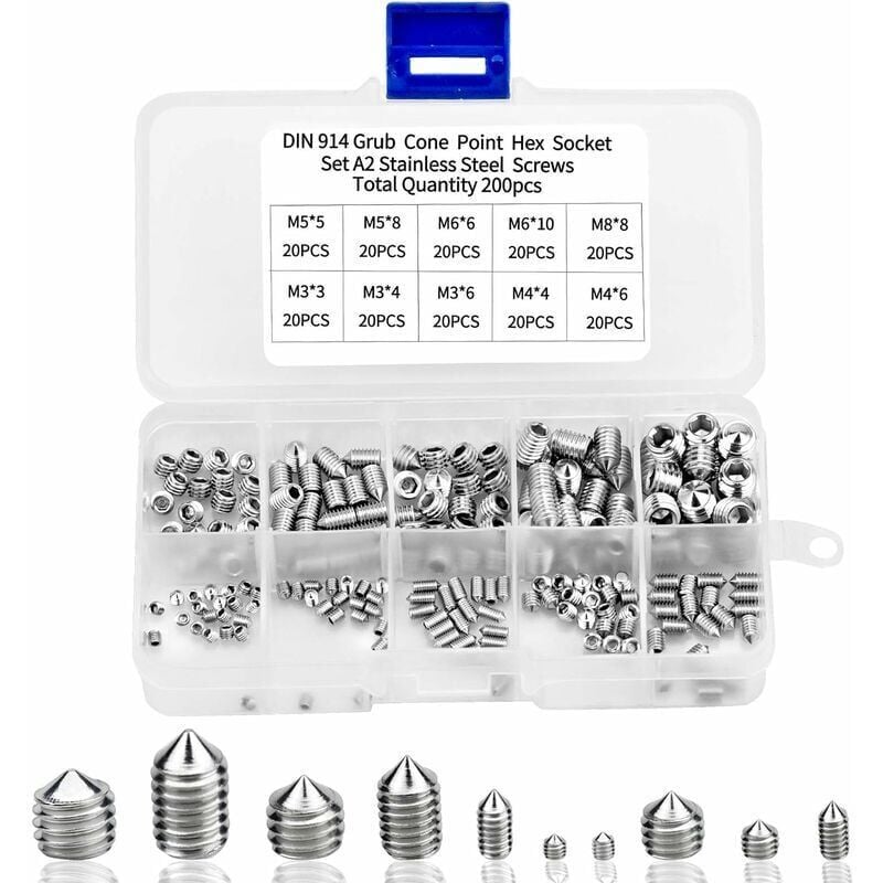200pcs Vis Pointeau Vis Sans Tête Hexagonale , M3 M4 M5 M6 M8 Tête ...