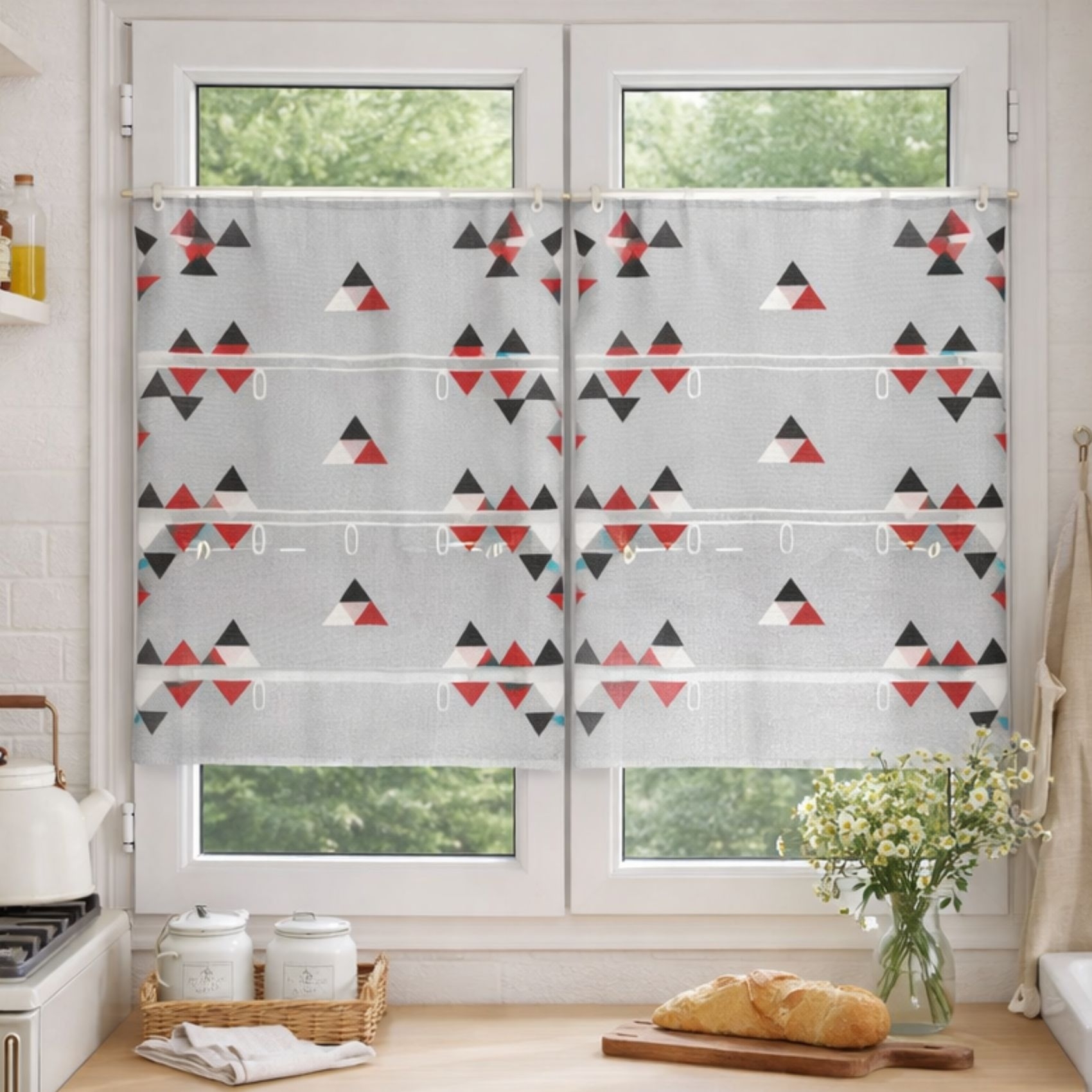 Petit voilage de fenêtre broderie triangle - Rouge - 70x90 cm ...