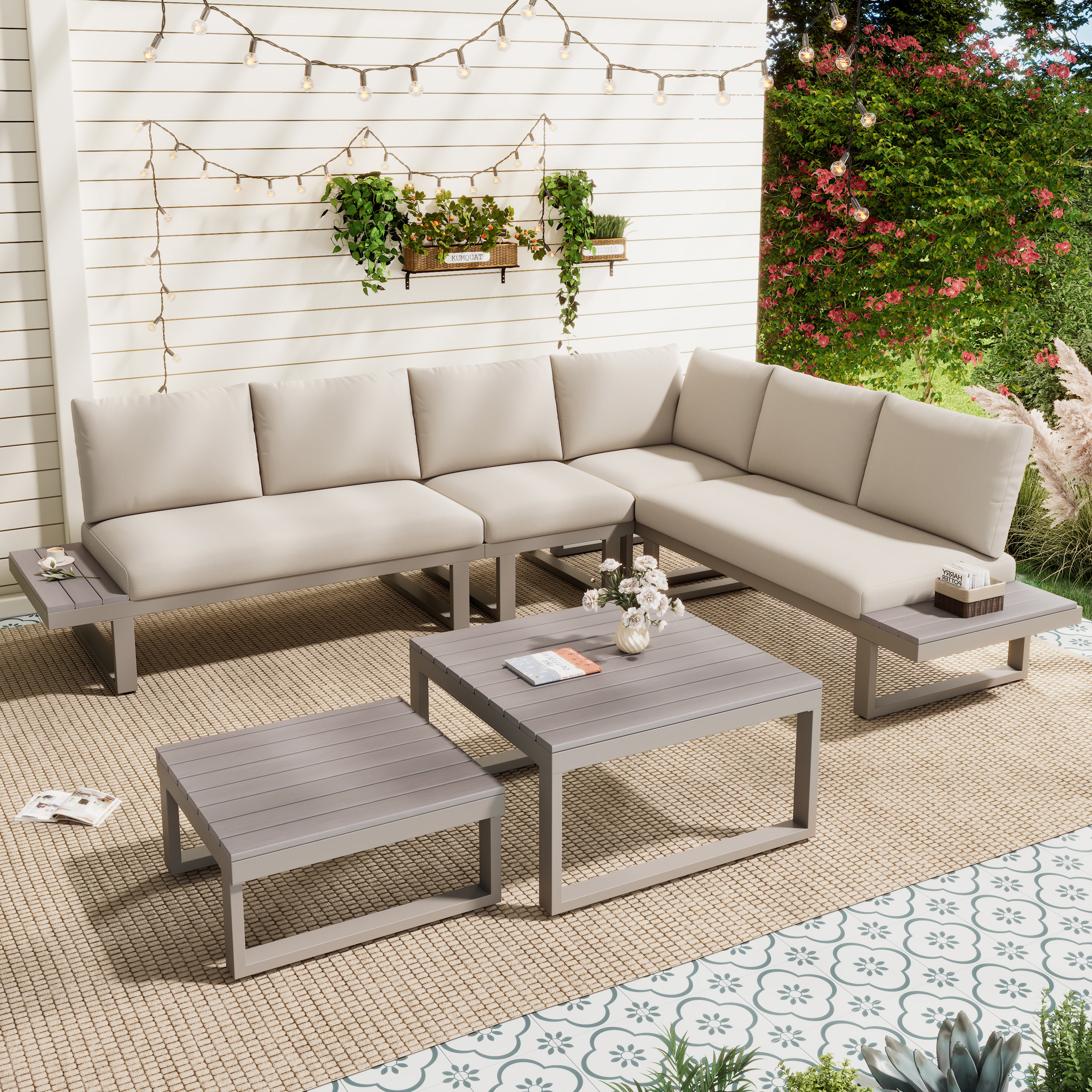 Salon de Jardin Modulable d'Angle, Dossier Inclinable, 2 Tables ...