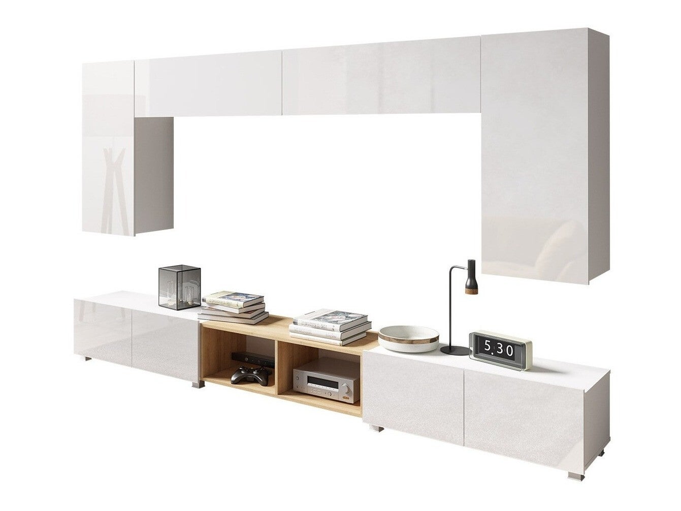 Ensemble de salon Providence B141, Chêne doré, Blanc brillant, Blanc ...