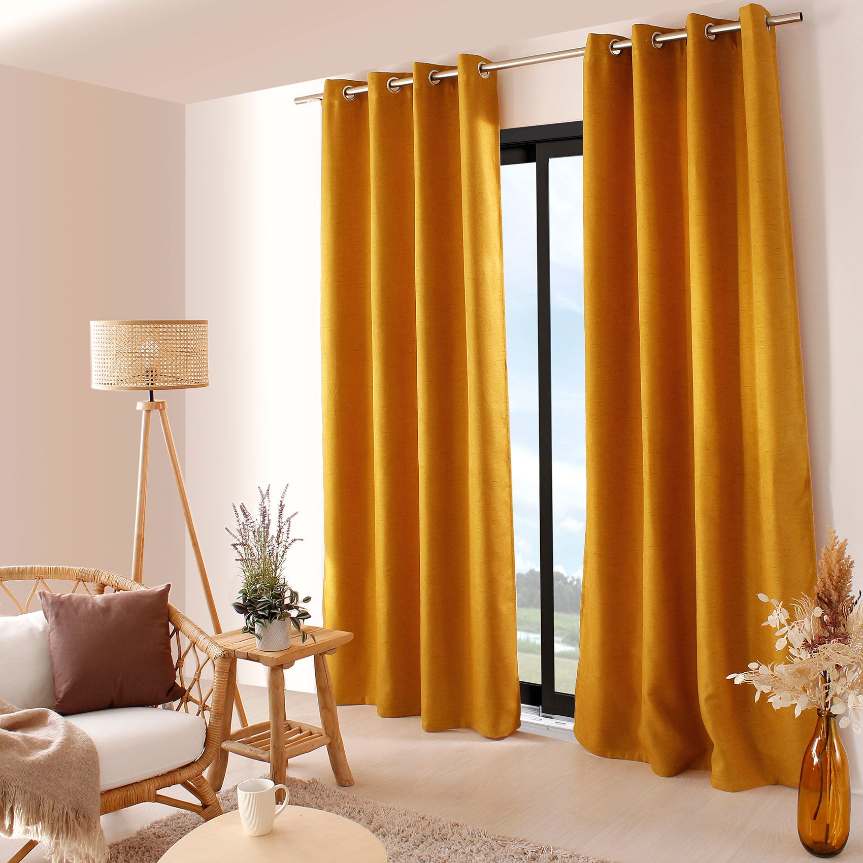 Rideau occultant uni et fileté - Jaune moutarde - 140x240 cm ...