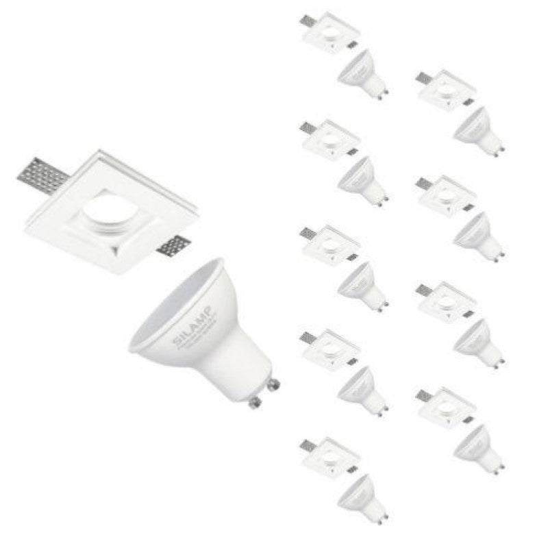 Kit Support Spot GU10 LED Carré Blanc 100x100mm avec Ampoule LED 6W (Pack de 10) - Blanc Chaud ...