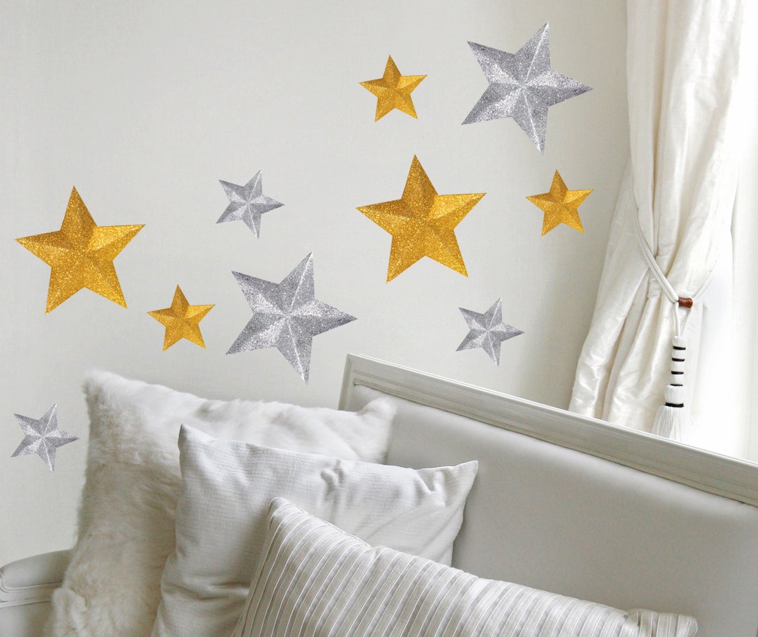 Sticker adesivi murali, stelle dorate e argento effetto 3D, 24 cm x 68 ...