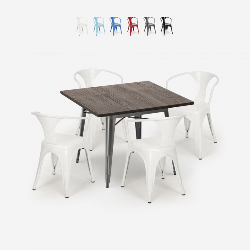 Ensemble table 80x80 design industriel + 4 chaises style cuisine bar ...