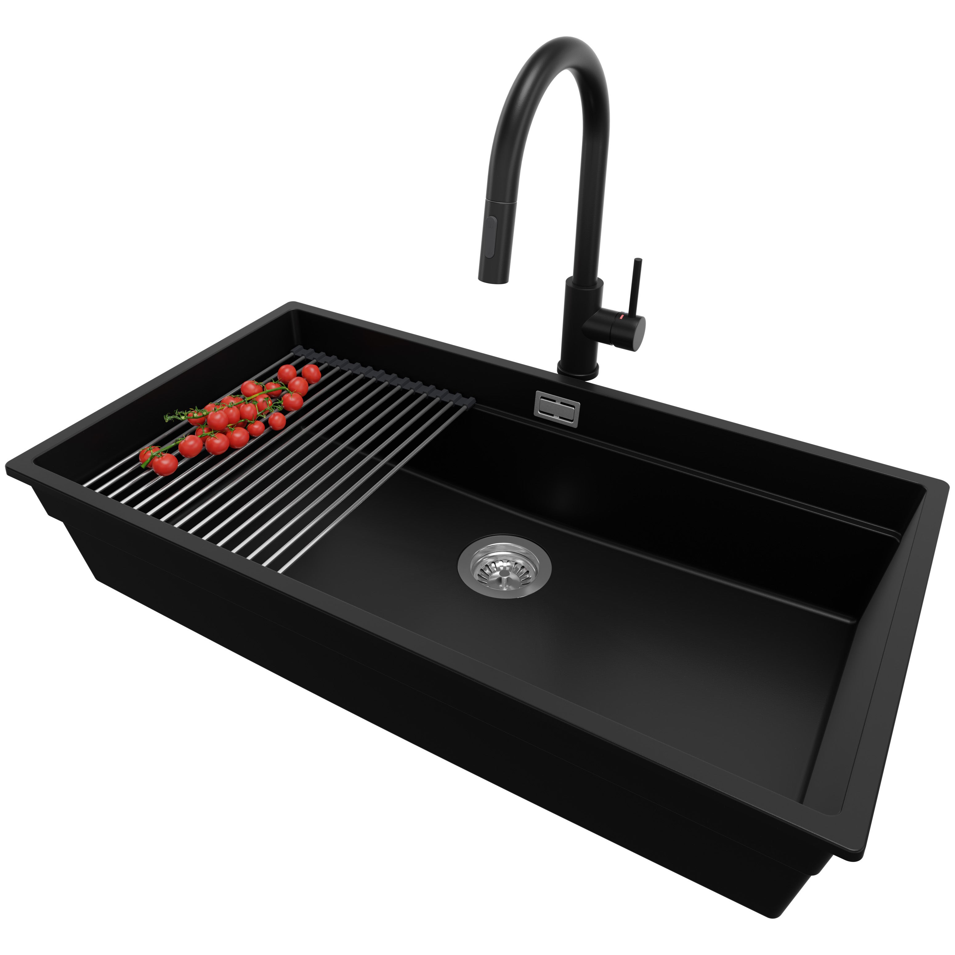 Evier Sous Plan Noir 86x47cm, Evier en Granit 1 bac + Robinet 40x20cm ...