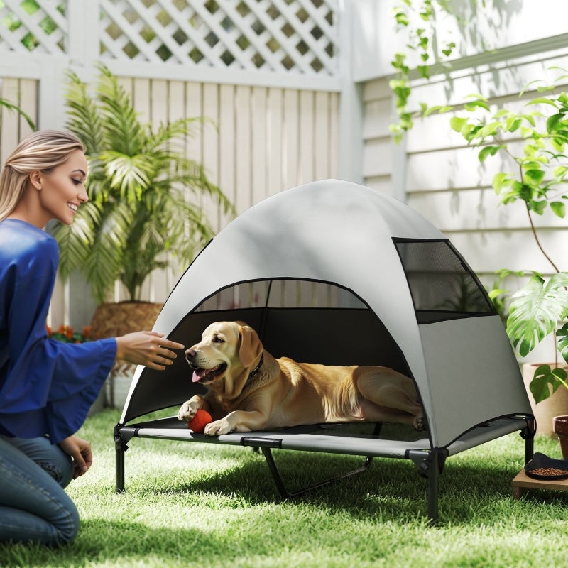 Lit surélevé pour grands chiens avec toit, 91 x 76 x 90 cm, gris clair ...